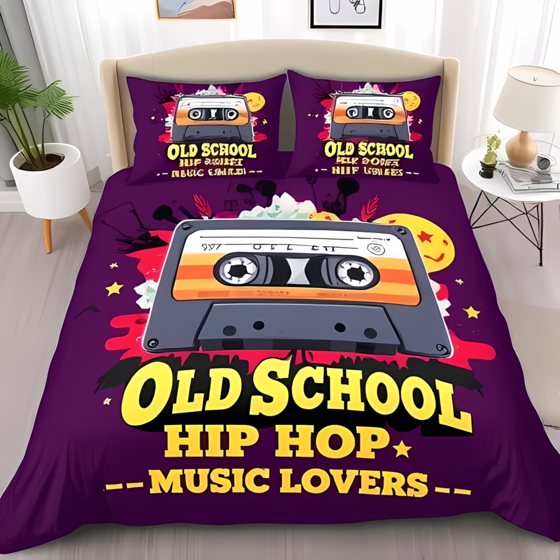 3-Piece Duvet Cover Set - Retro Hip Hop Cassette Tape Design on Purple ...