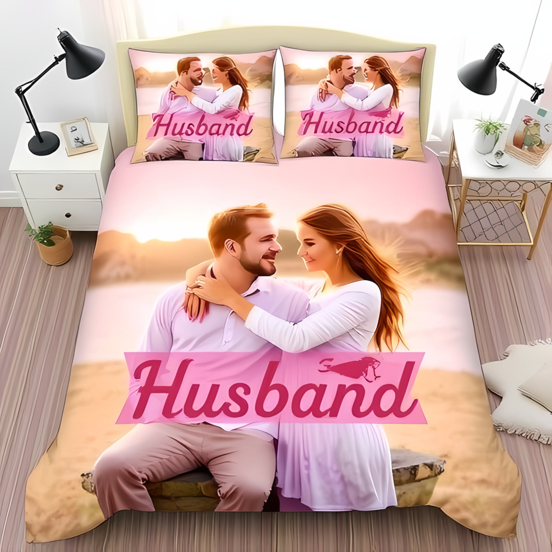 3-Piece Duvet Cover Set - Romantic Couple Embracing in Pastel Sunset ...