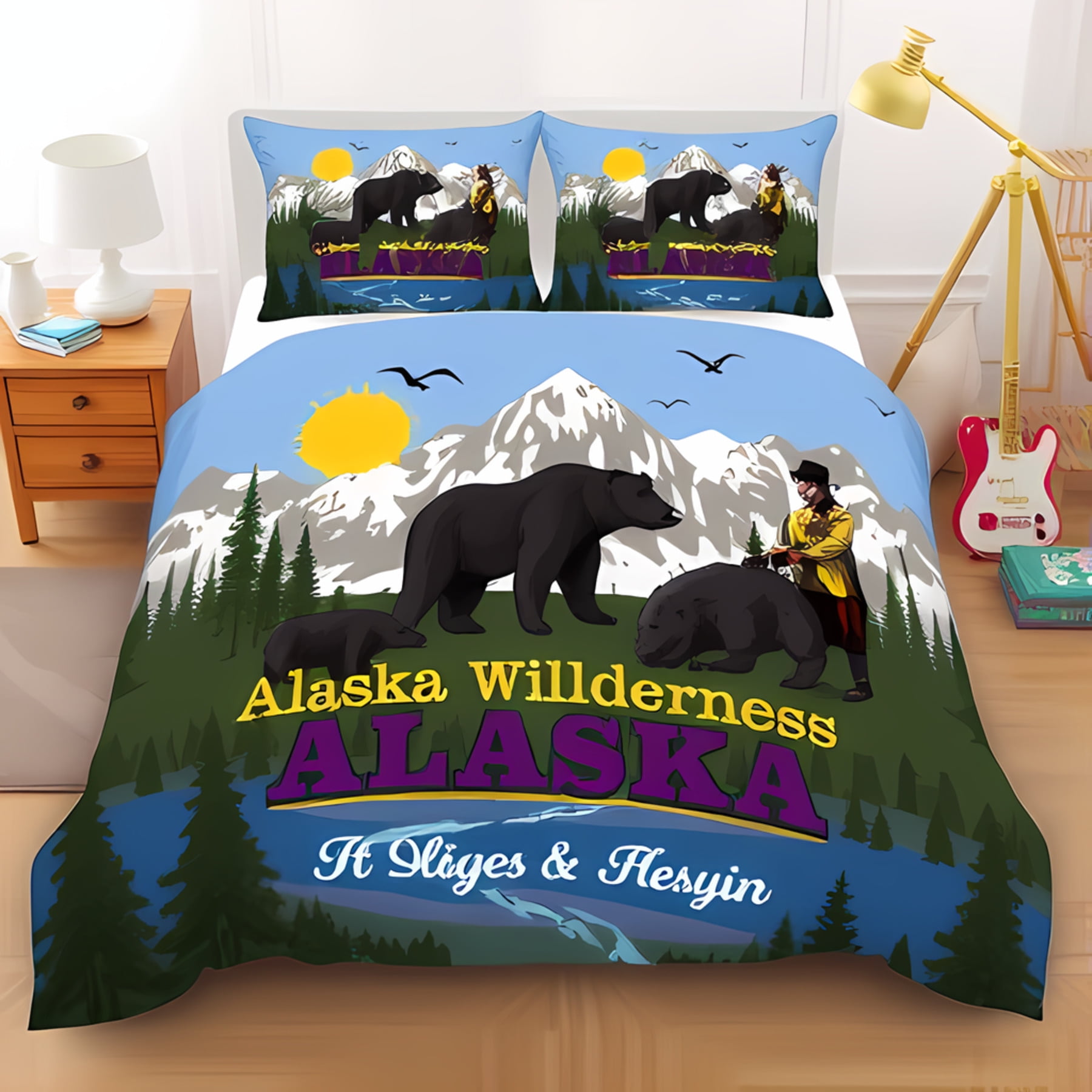 3-Piece Duvet Cover Set - Scenic Alaska Wilderness Design with Bear ...