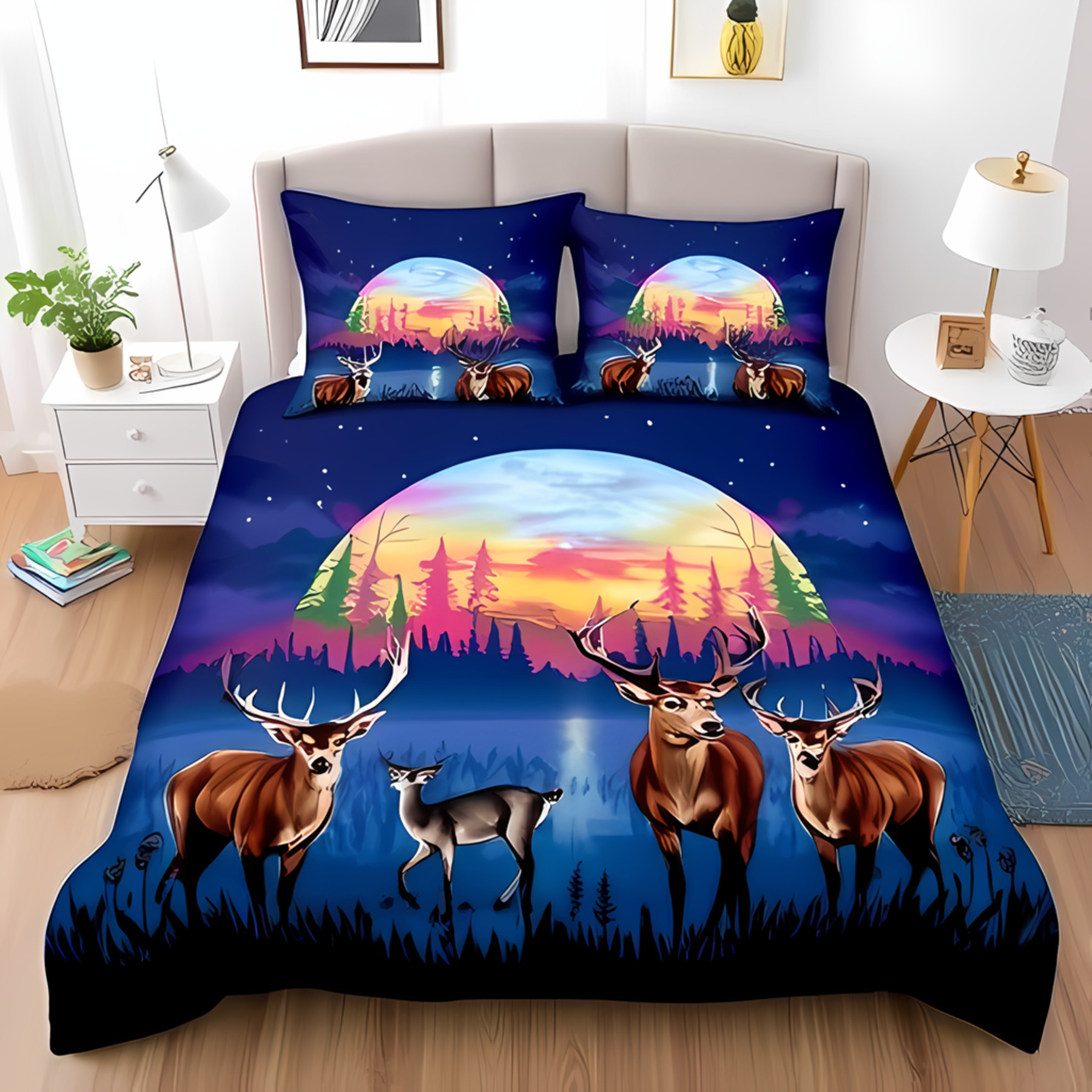 3-Piece Duvet Cover Set - Serene Forest Scene with Deer & Colorful Moon ...