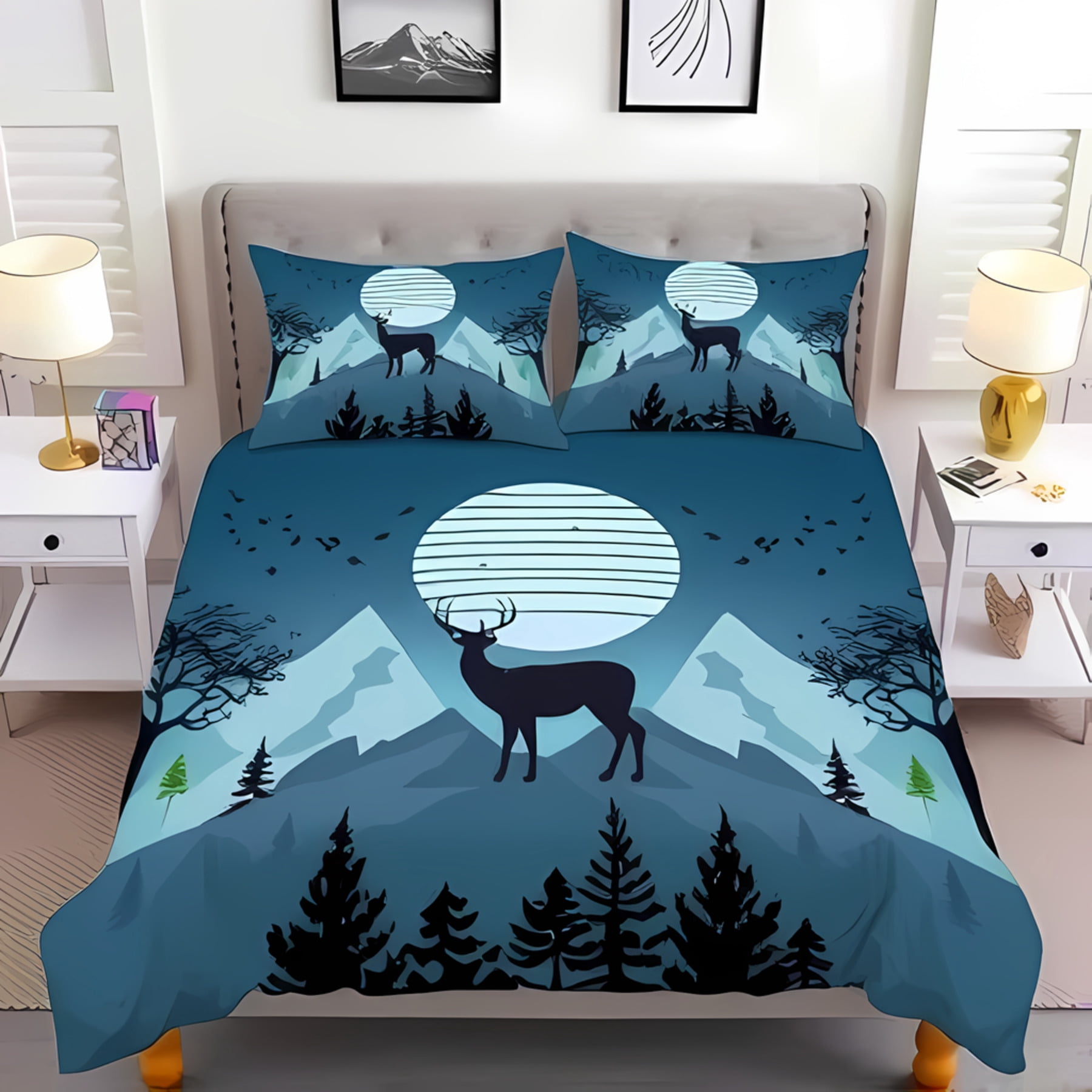 3-Piece Duvet Cover Set - Serene Mountain Landscape Design Night Sky ...