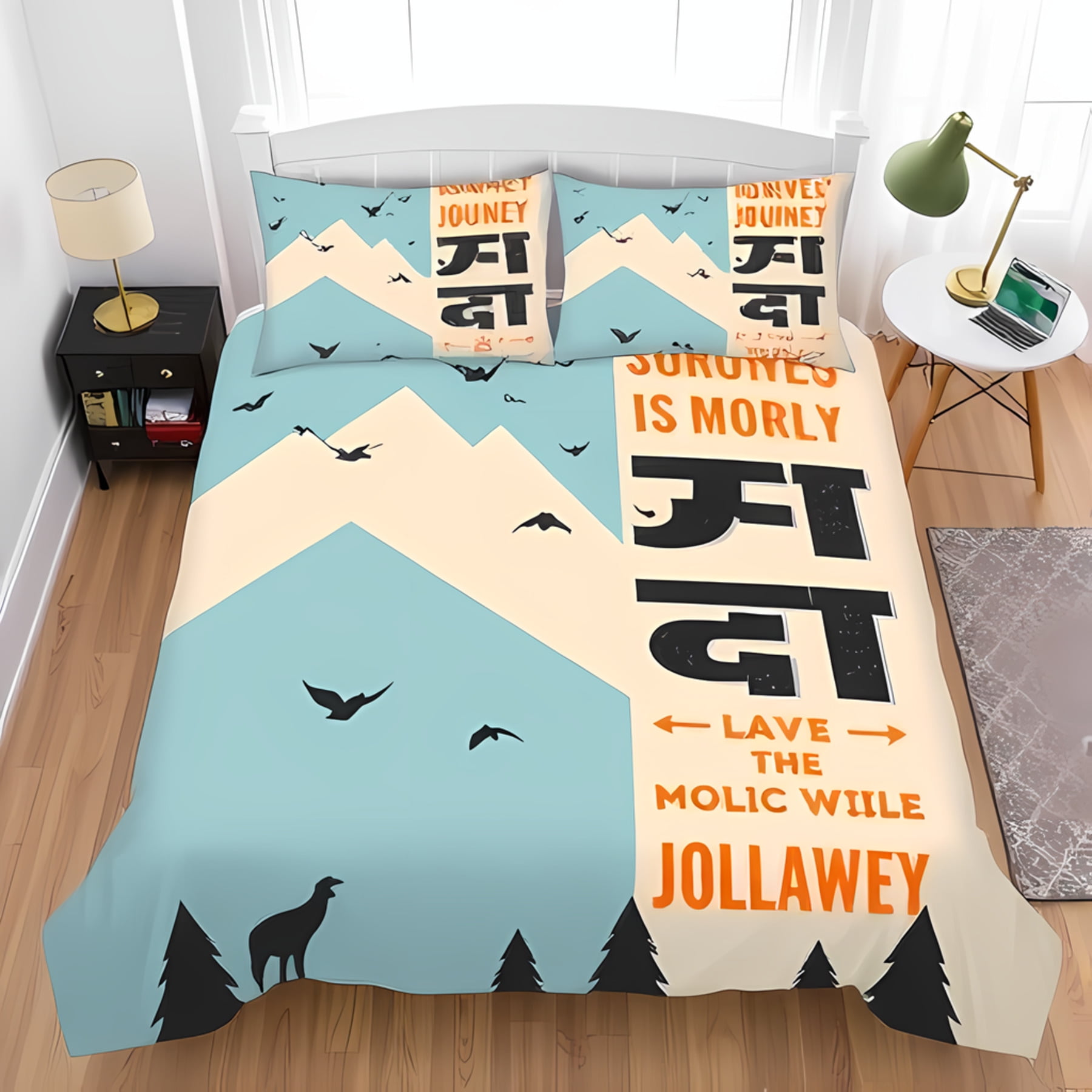 3-Piece Duvet Cover Set - Serene Mountain Landscape with Trees & Birds ...