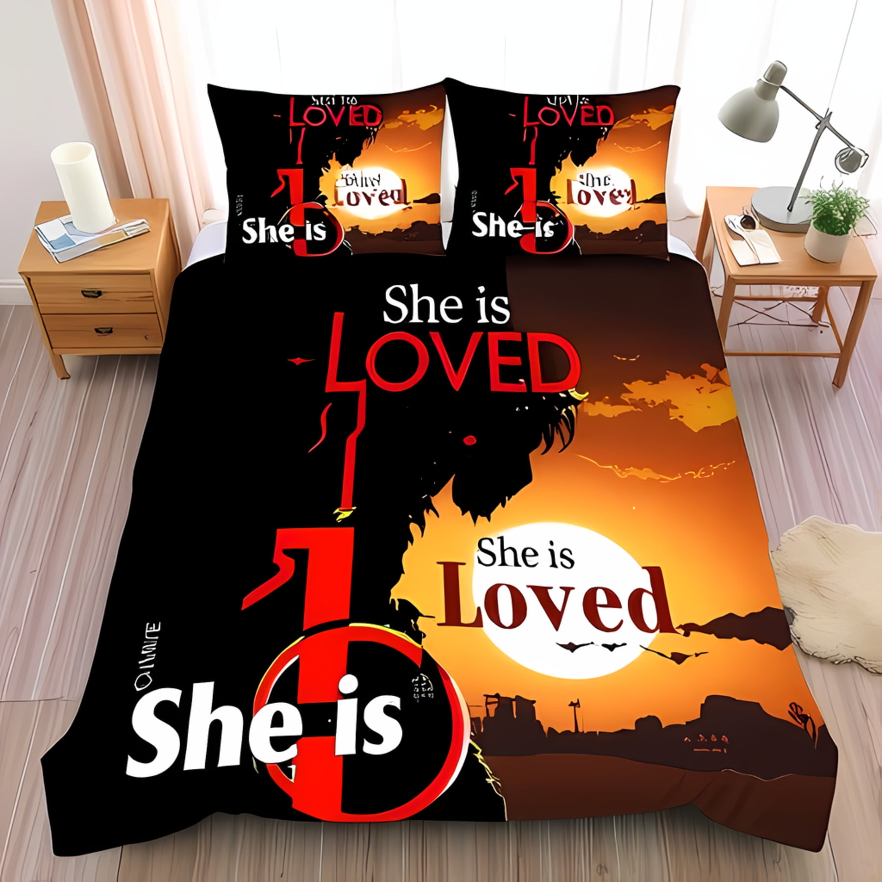 3-Piece Duvet Cover Set - "She is Loved" Graphic Design with Sunset ...