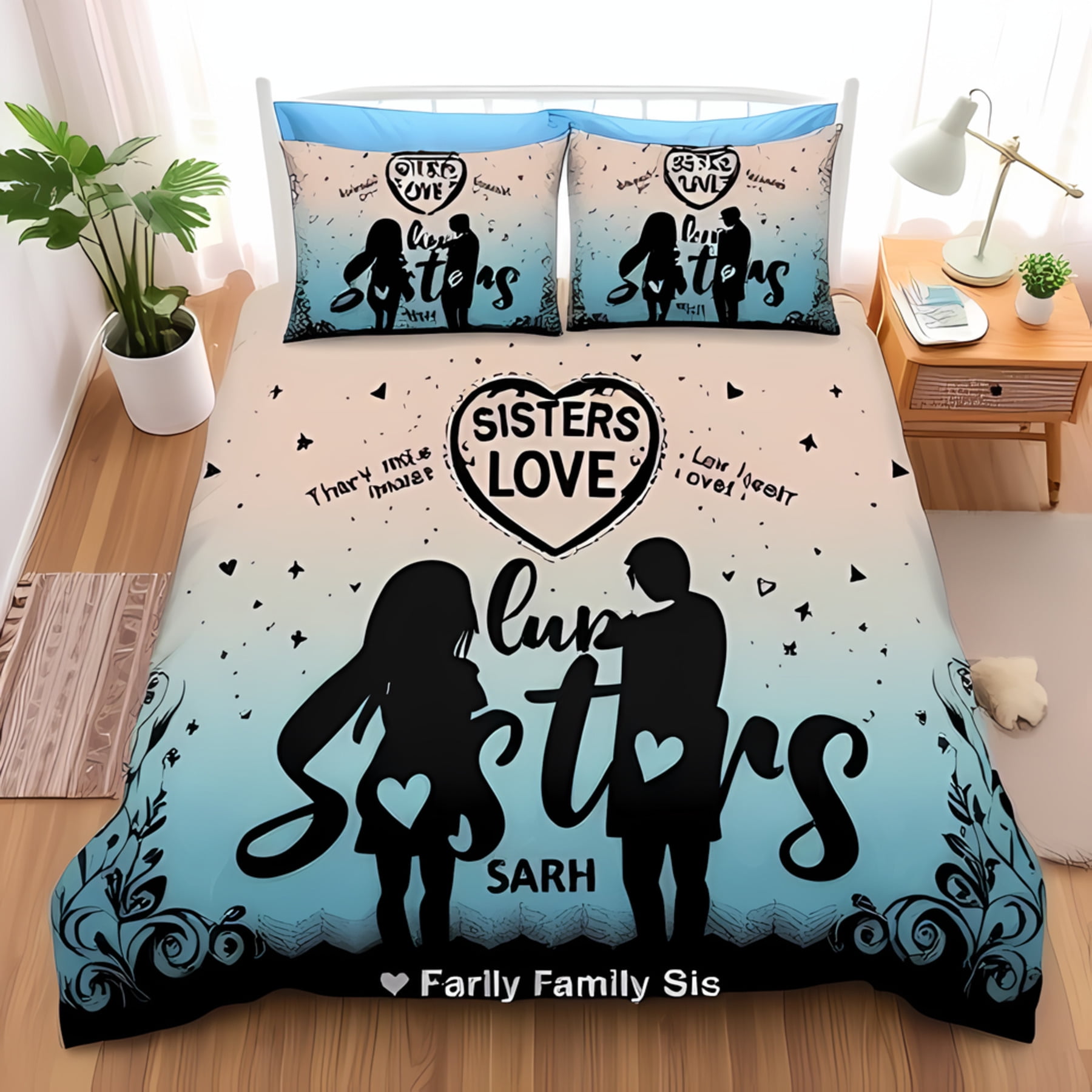 3-Piece Duvet Cover Set - "Sisters Love" Heart Design with Pastel ...