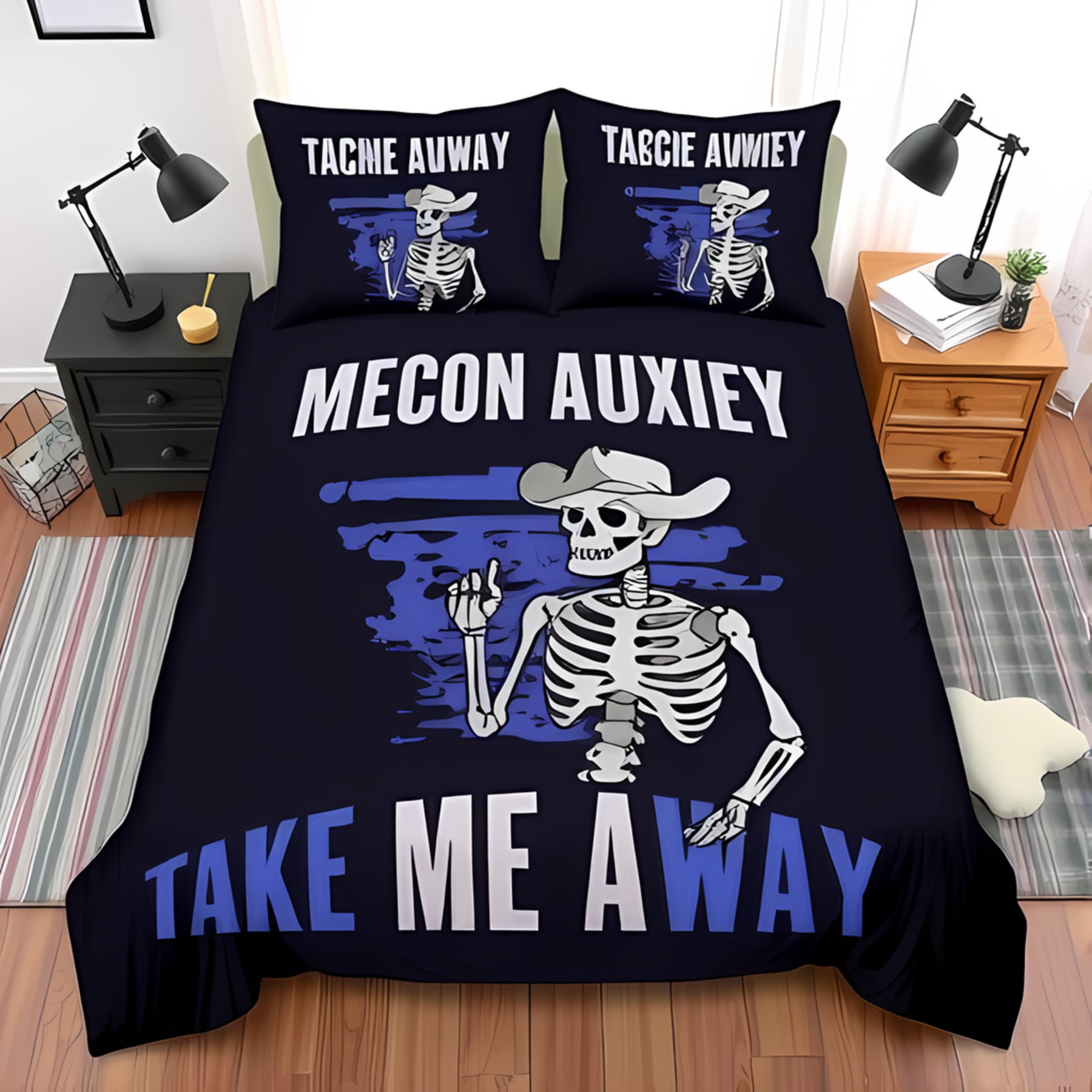 3-Piece Duvet Cover Set with Skeleton Cowboy Design Bold Black ...