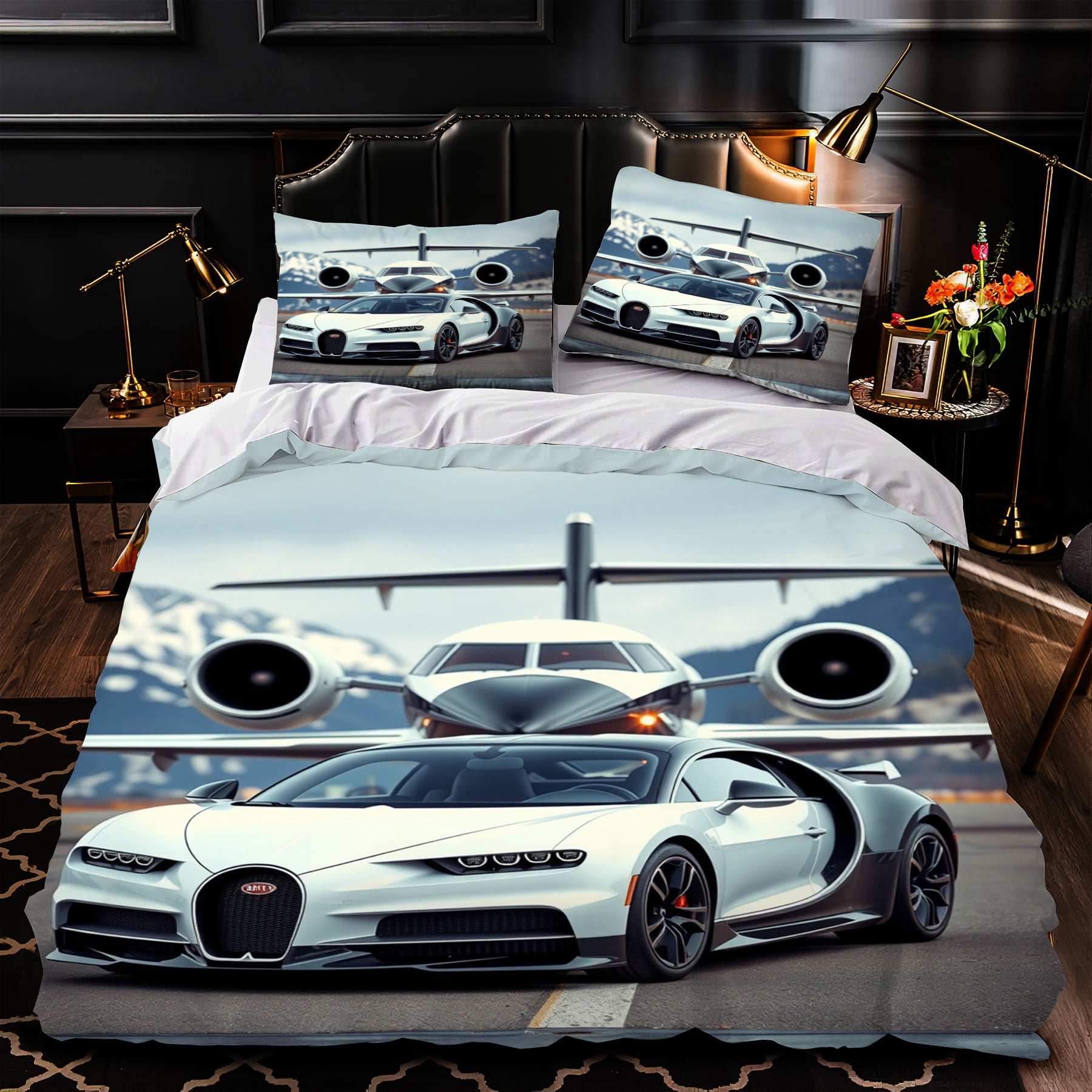 3-Piece Duvet Cover Set - Sleek White Sports Car on Airport Runway with ...