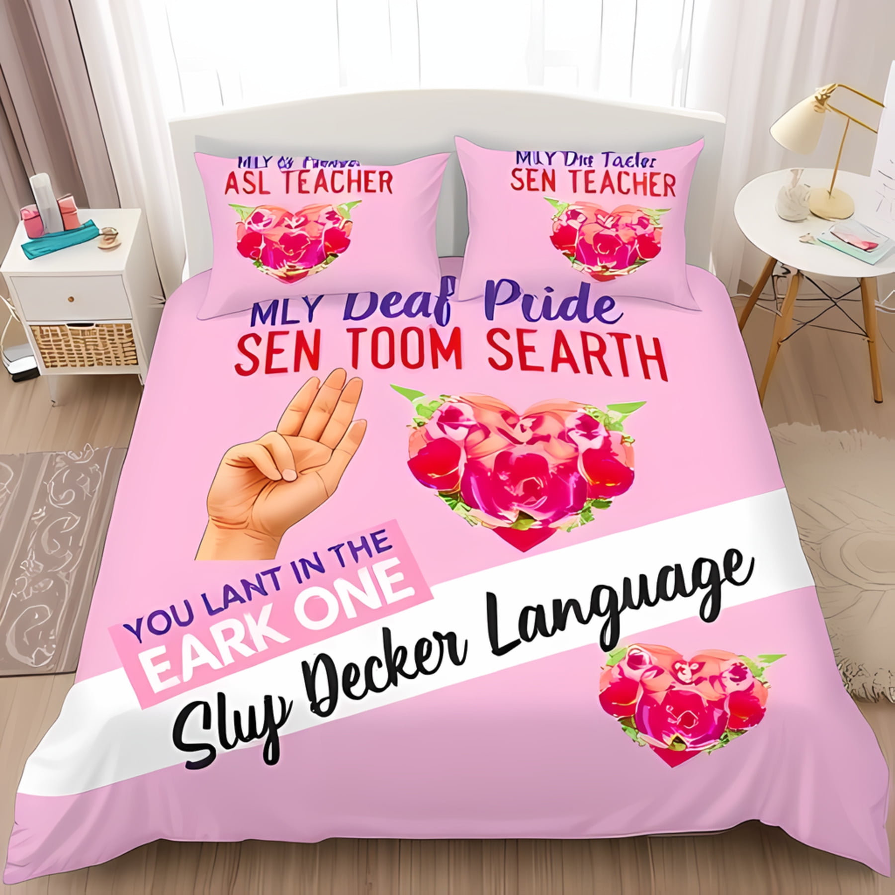 3-Piece Duvet Cover Set - Soft Pink Floral Design with ASL 'Love' & 'MY ...