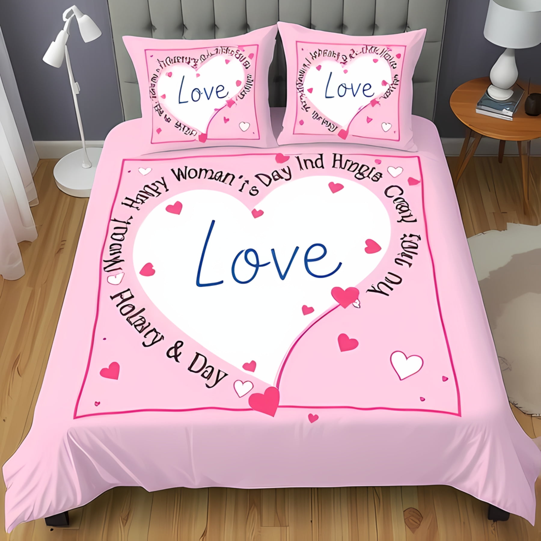 3-Piece Duvet Cover Set - Soft Pink with White Heart & Blue 'Love' Design Perfect for ...