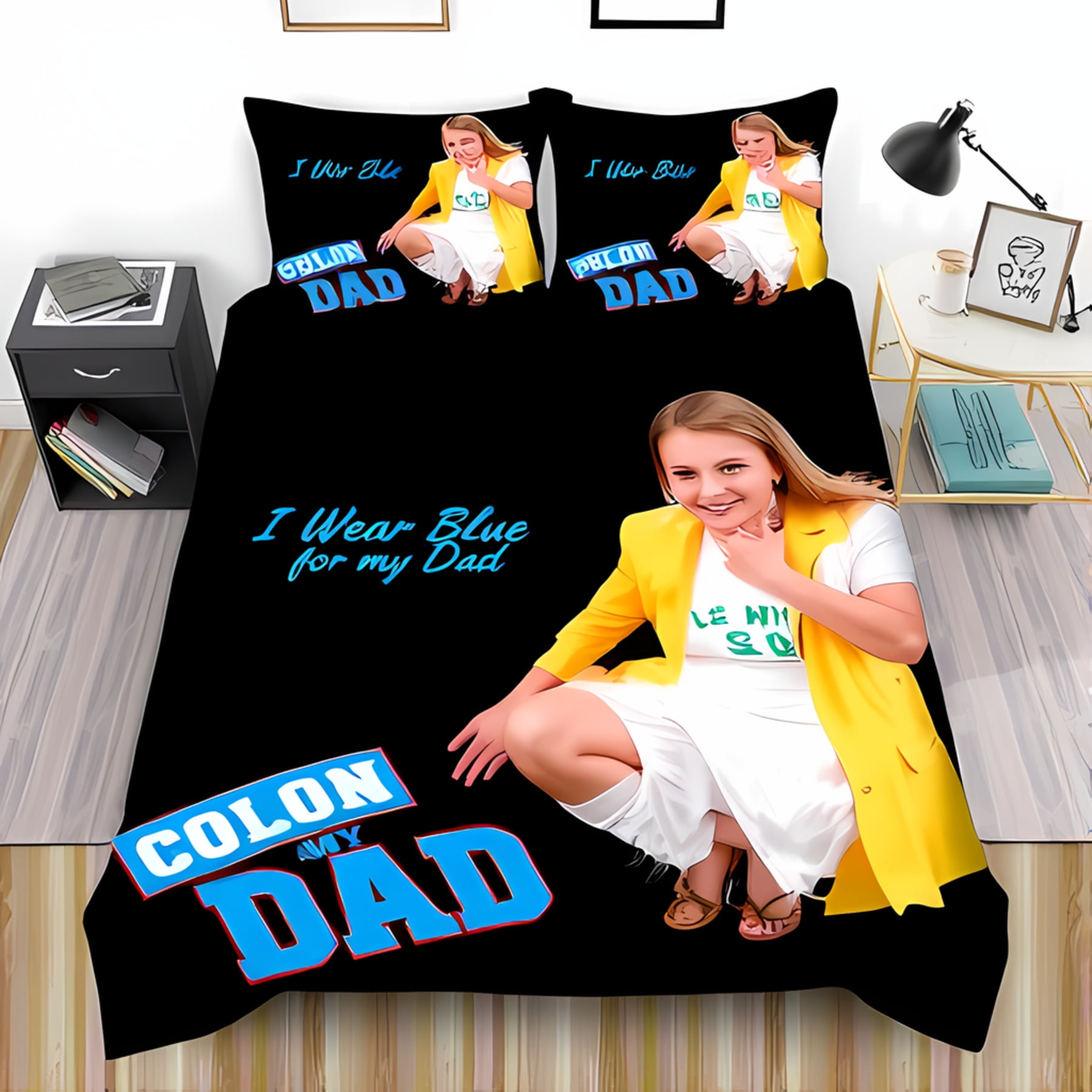 3-Piece Duvet Cover Set - Solid Black with Vibrant " I Wear Blue for my ...