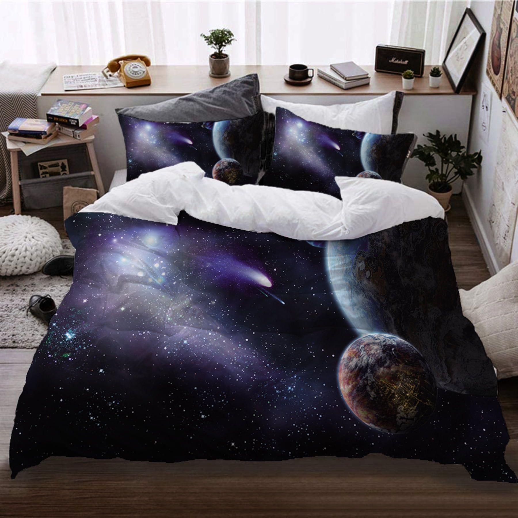 3-Piece Duvet Cover Set - Starry Space Design with Earth-Like Planets ...