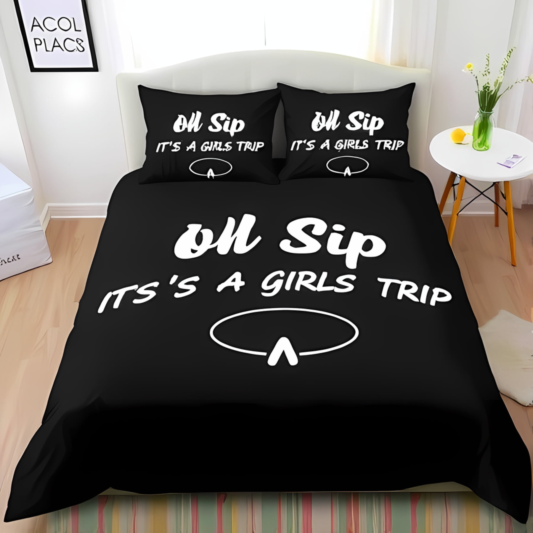 3-Piece Duvet Cover Set - Stylish Black with "Oh Sip It's A Girls Trip ...