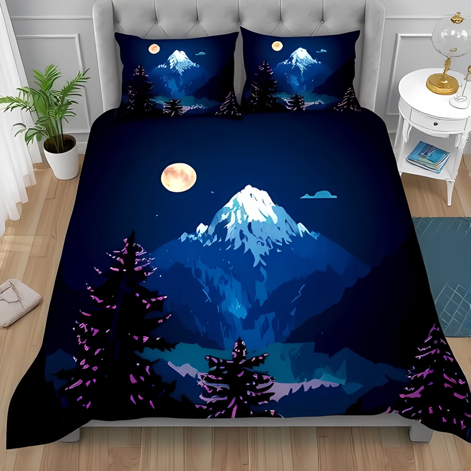 3-Piece Duvet Cover Set - Tranquil Nighttime Mountain Scene with Snow ...