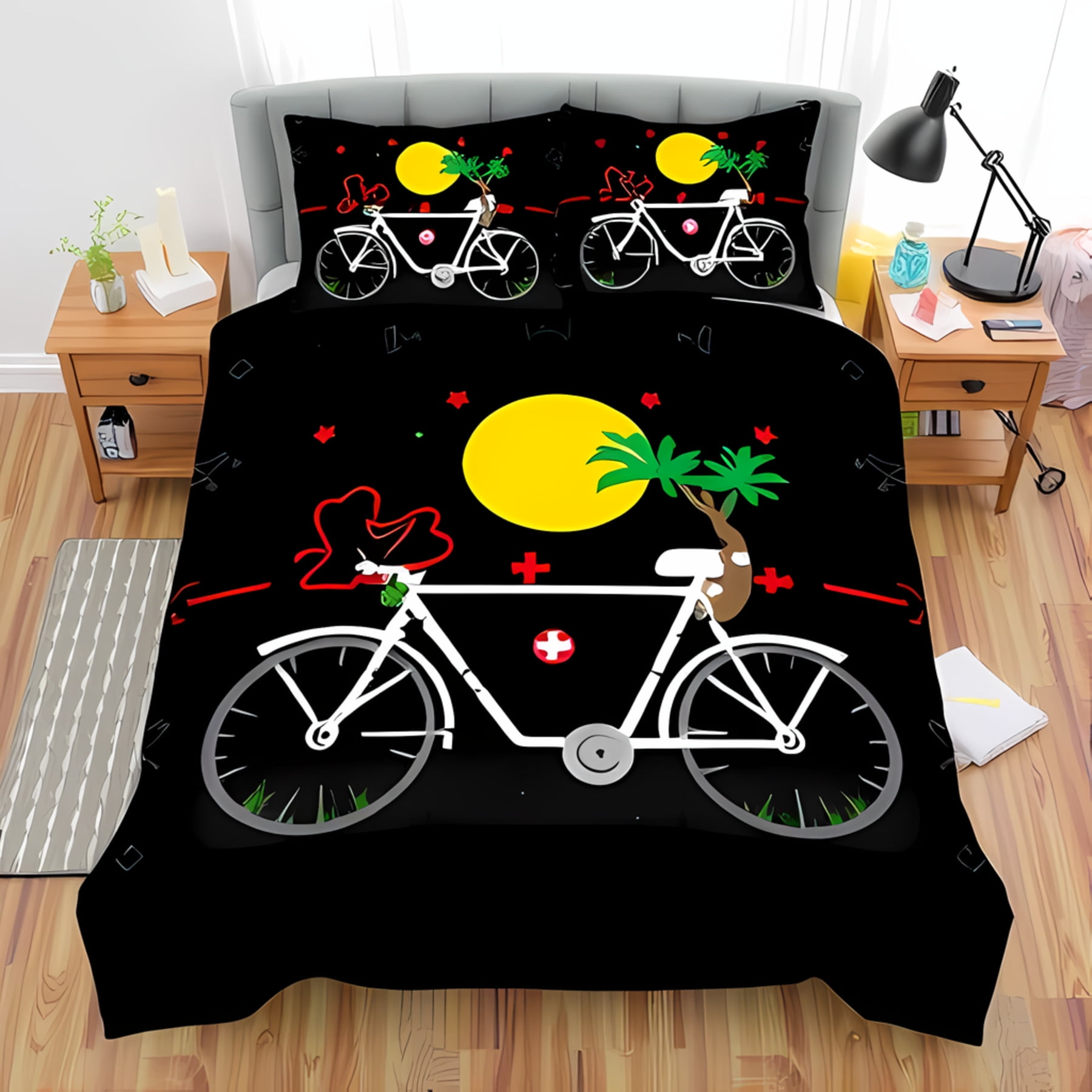 3-Piece Duvet Cover Set - Tropical Bicycle Design with Sun Tree & Green ...