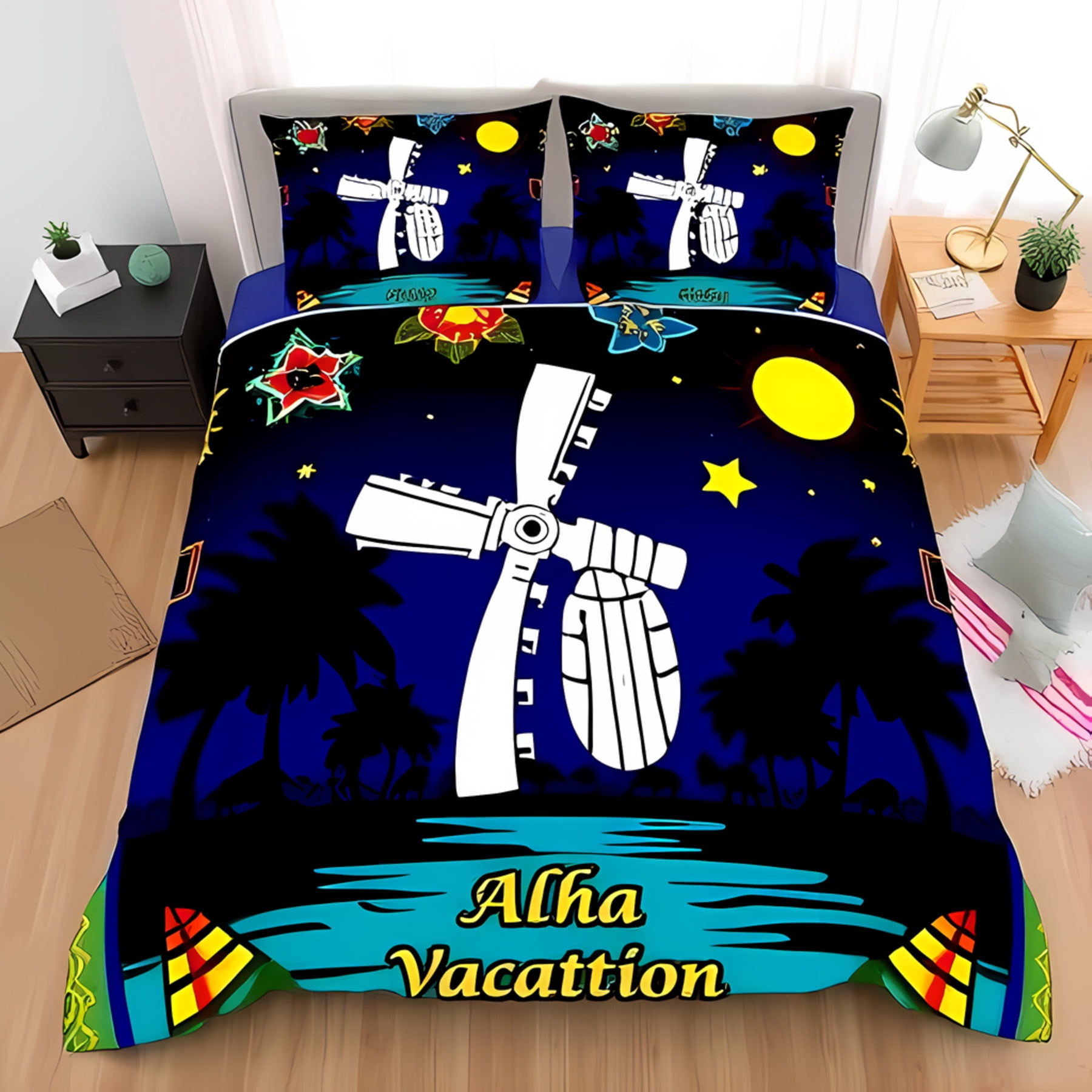 3-Piece Duvet Cover Set - Tropical Nighttime Windmill Design with ...