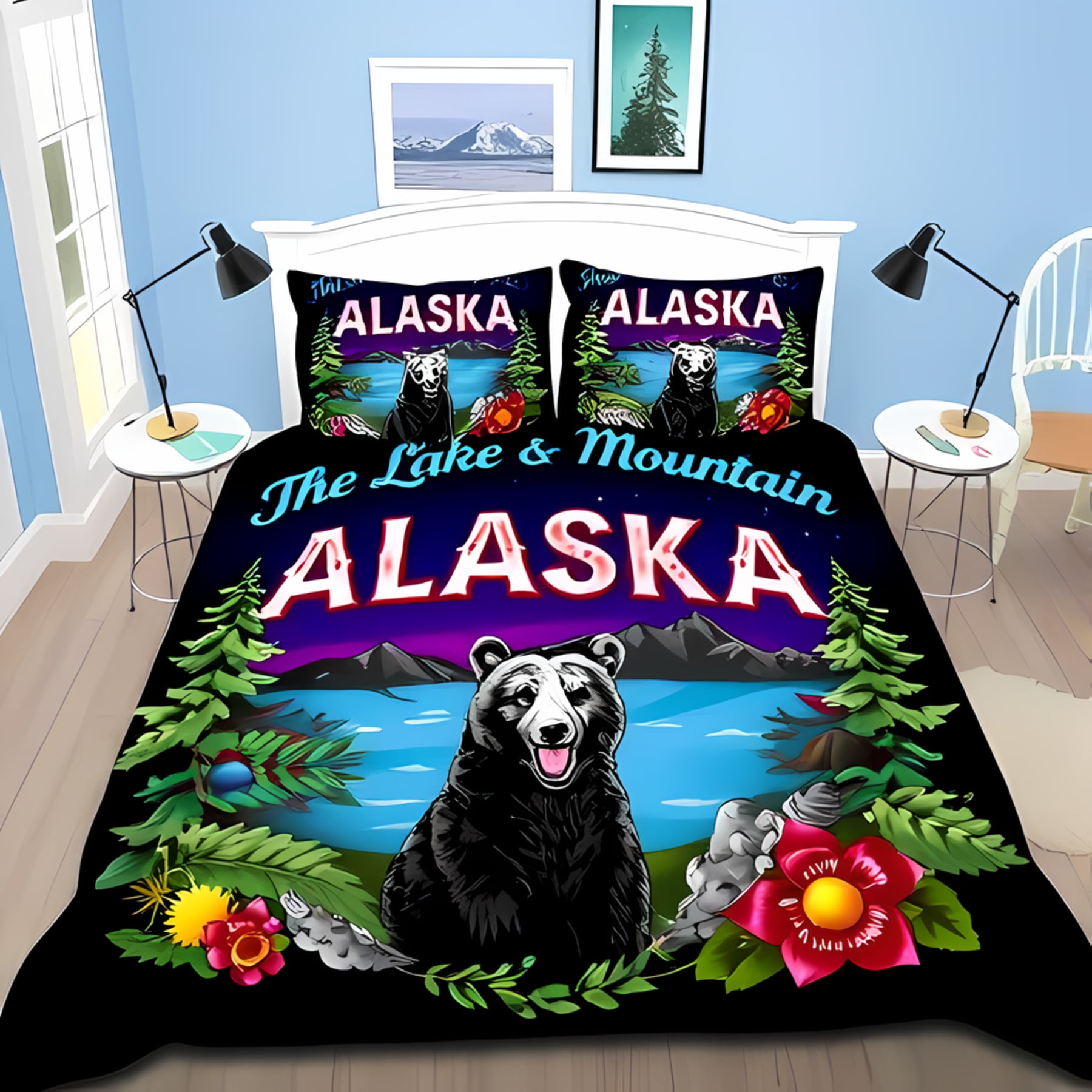 3-Piece Duvet Cover Set - Vibrant Alaska Bear Design with Mountains ...