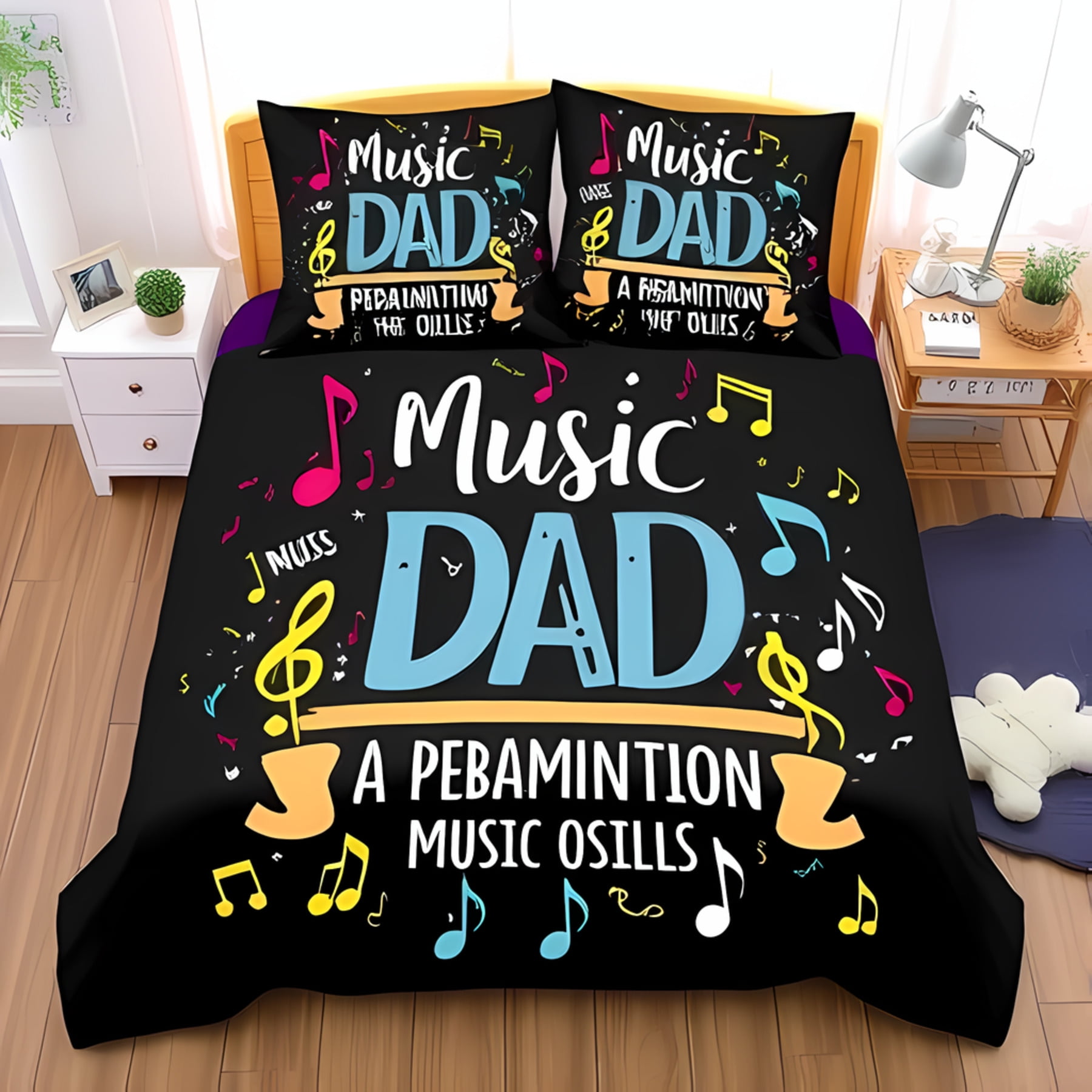 3-Piece Duvet Cover Set - Vibrant Black Bedding with Colorful Musical ...