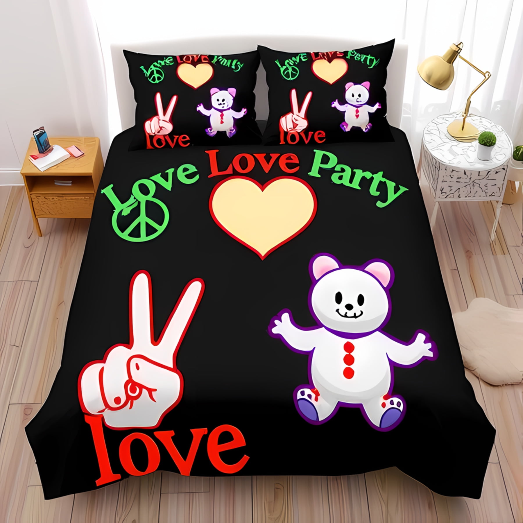 3-Piece Duvet Cover Set - Vibrant Black Bedding with Whimsical Peace ...