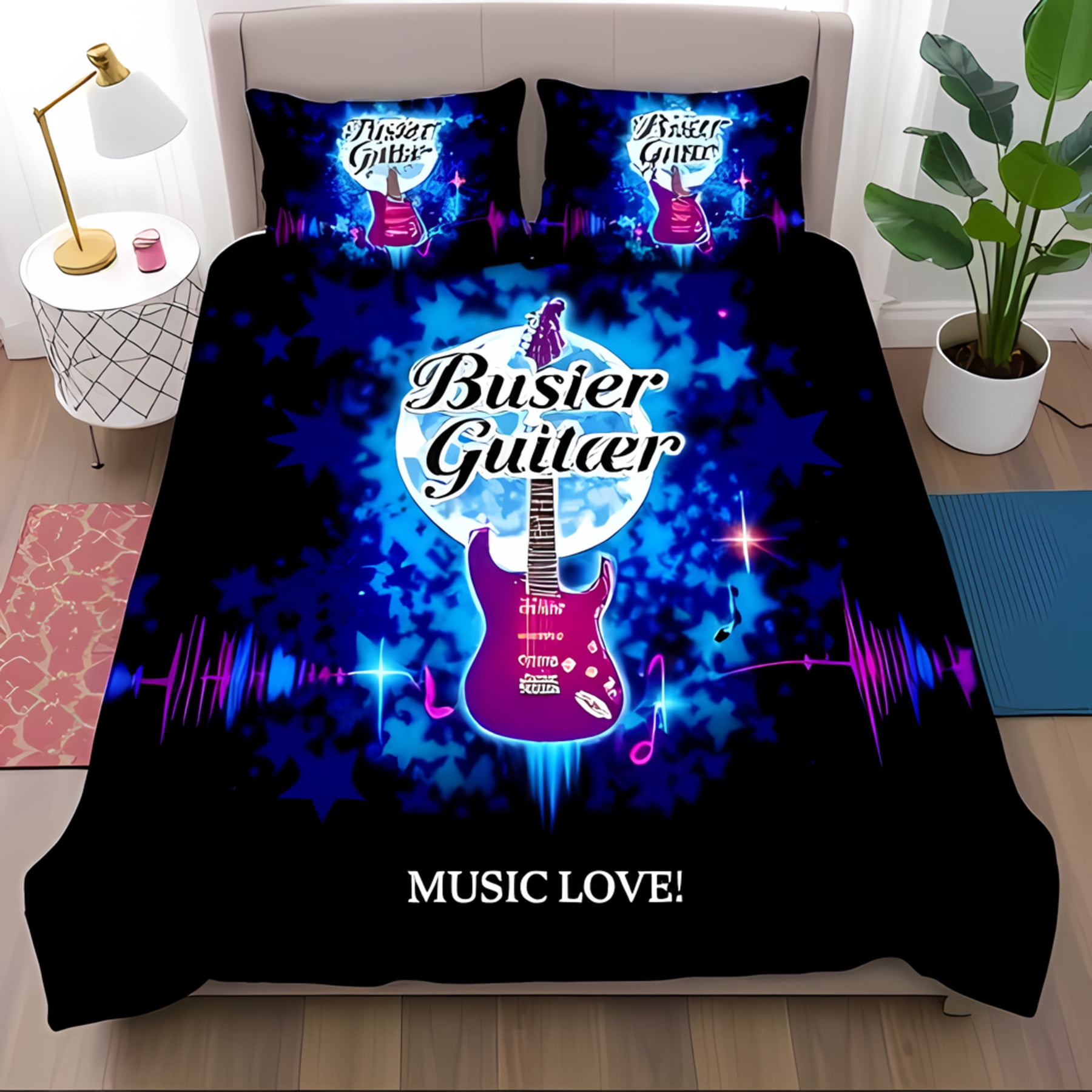 3-Piece Duvet Cover Set - Vibrant Black Bedspread with Purple Electric ...