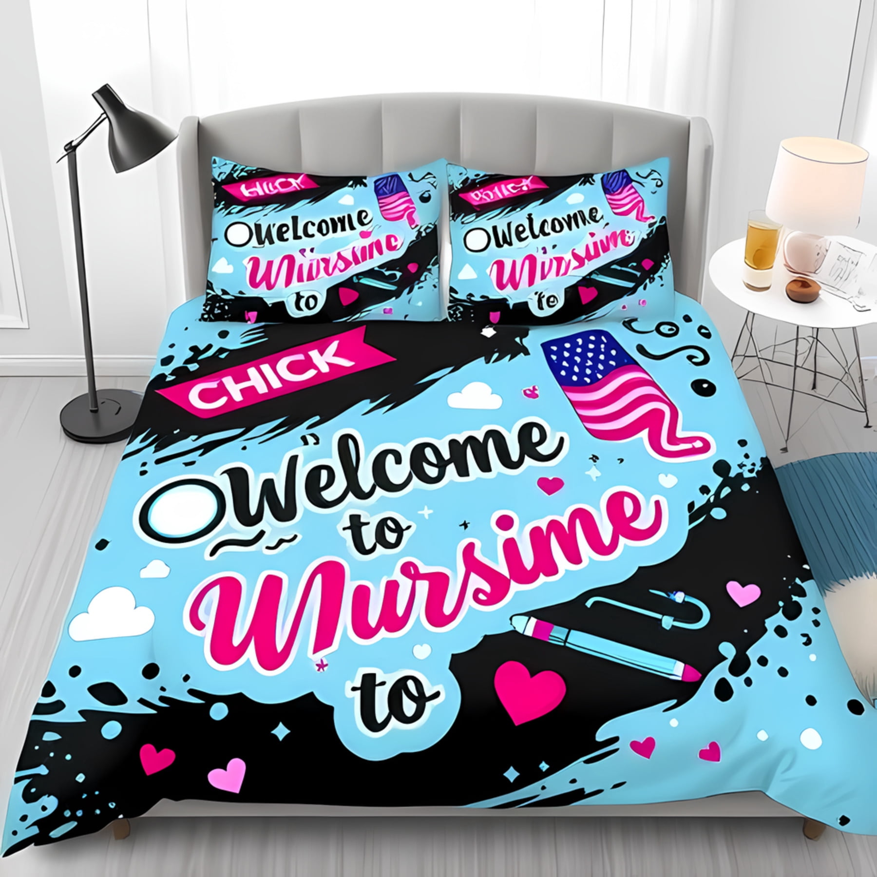 3-Piece Duvet Cover Set - Vibrant Blue Bedding with Playful 'Welcome to ...