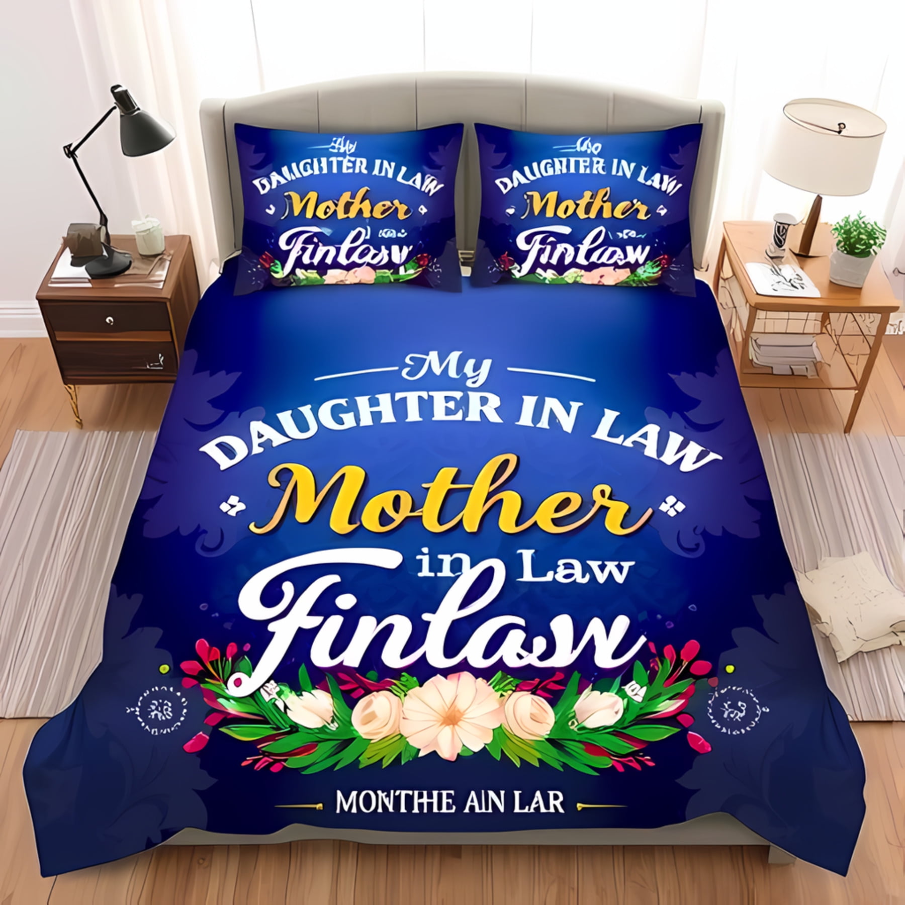 3-Piece Duvet Cover Set - Vibrant Blue Floral Design Elegant Typography ...