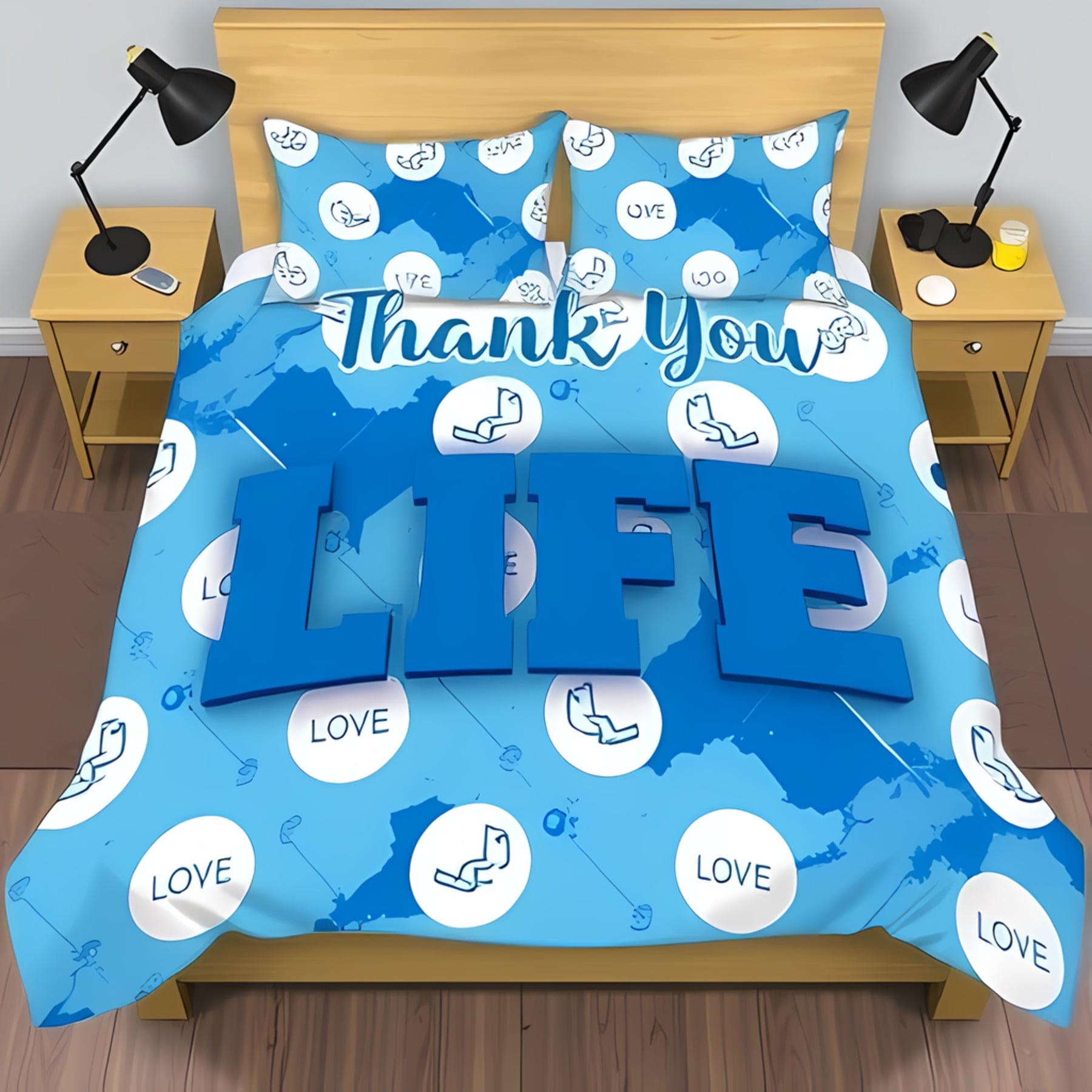 3-Piece Duvet Cover Set - Vibrant Blue 'LIFE' Design with Playful 'LOVE ...