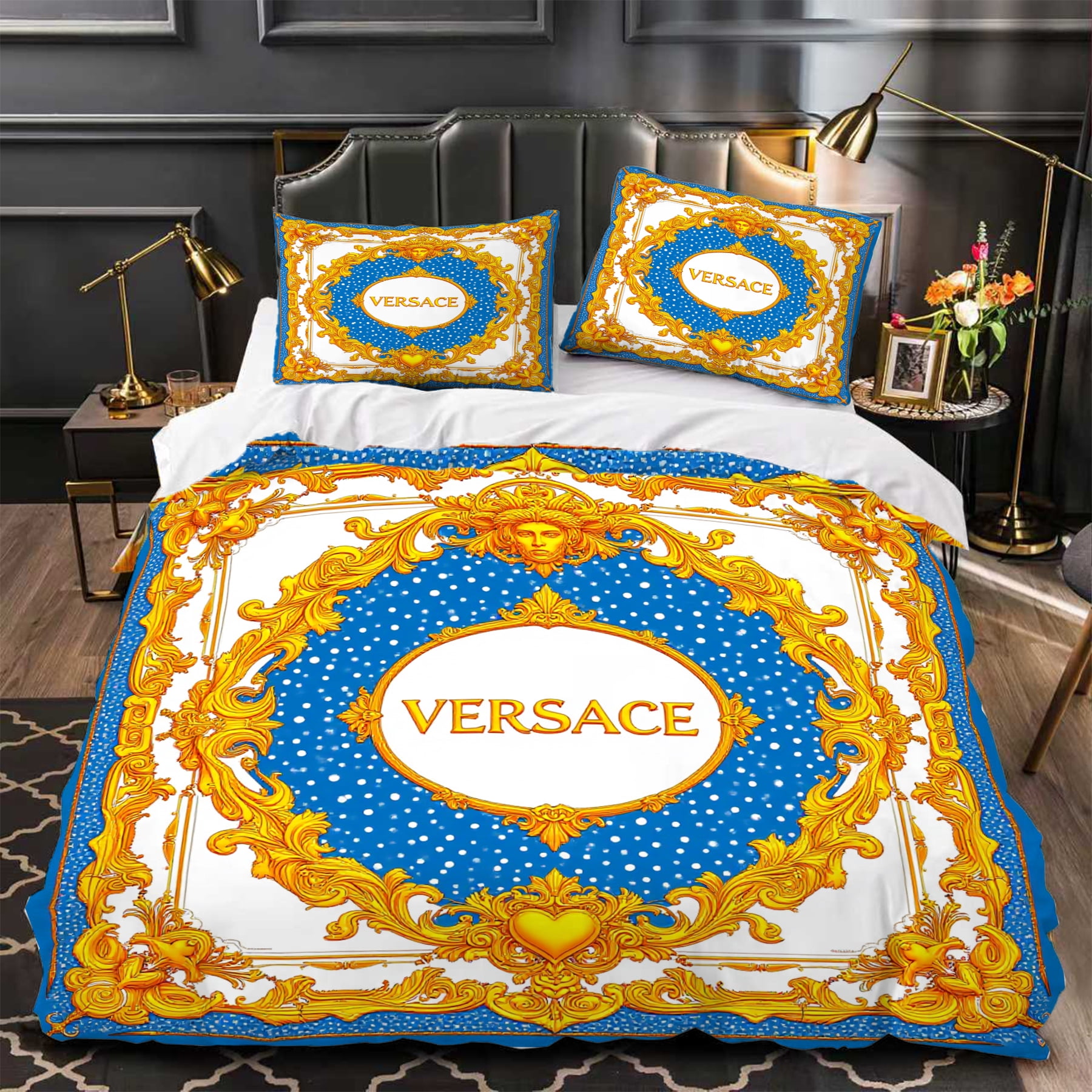 3-Piece Duvet Cover Set - Vibrant Blue with Golden Ornate Patterns ...