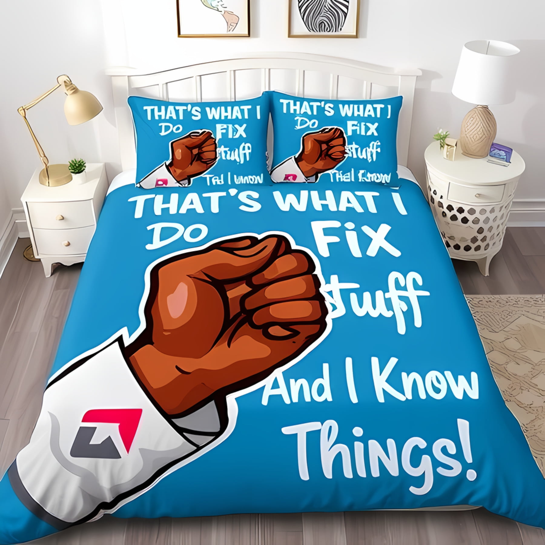 3-Piece Duvet Cover Set - Vibrant Blue with Playful Graphics ...