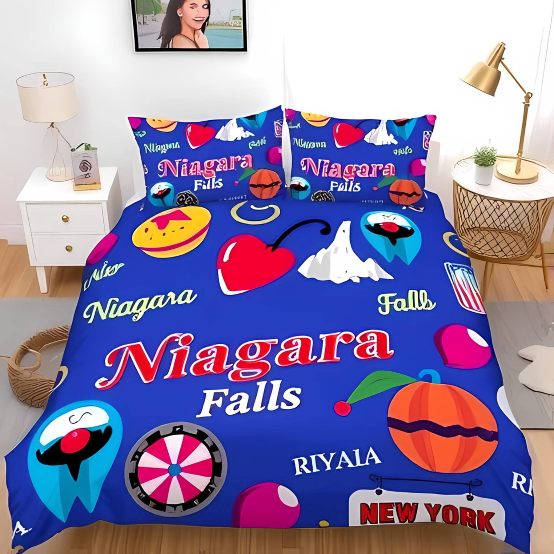 3-Piece Duvet Cover Set - Vibrant Blue with Playful Niagara Falls ...