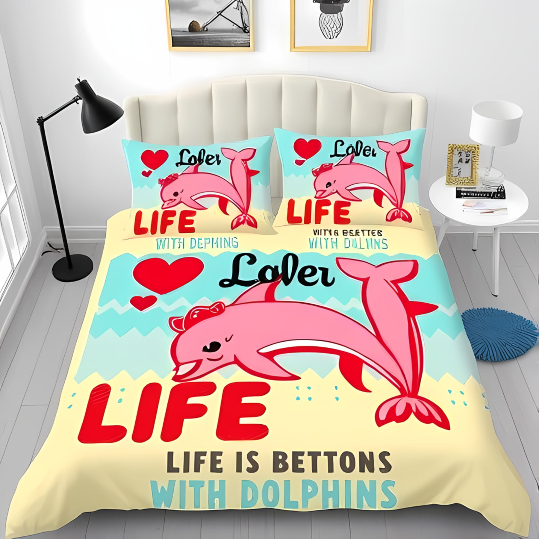 3-Piece Duvet Cover Set - Vibrant Cartoon Design with Cheerful Dolphins ...