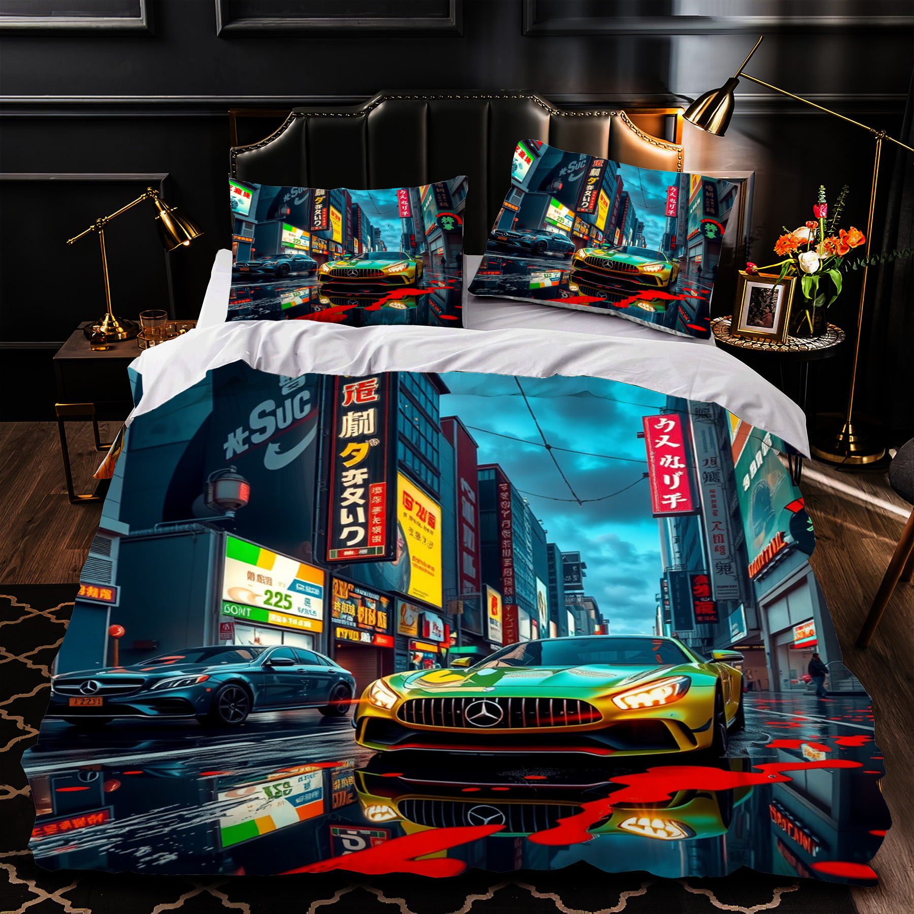 3-Piece Duvet Cover Set - Vibrant Cityscape Design Lit Urban Street and ...