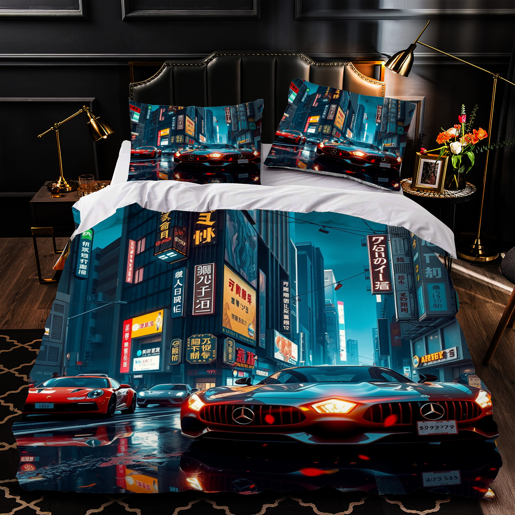 3-Piece Duvet Cover Set - Vibrant Cityscape Night Design with Sleek Red ...