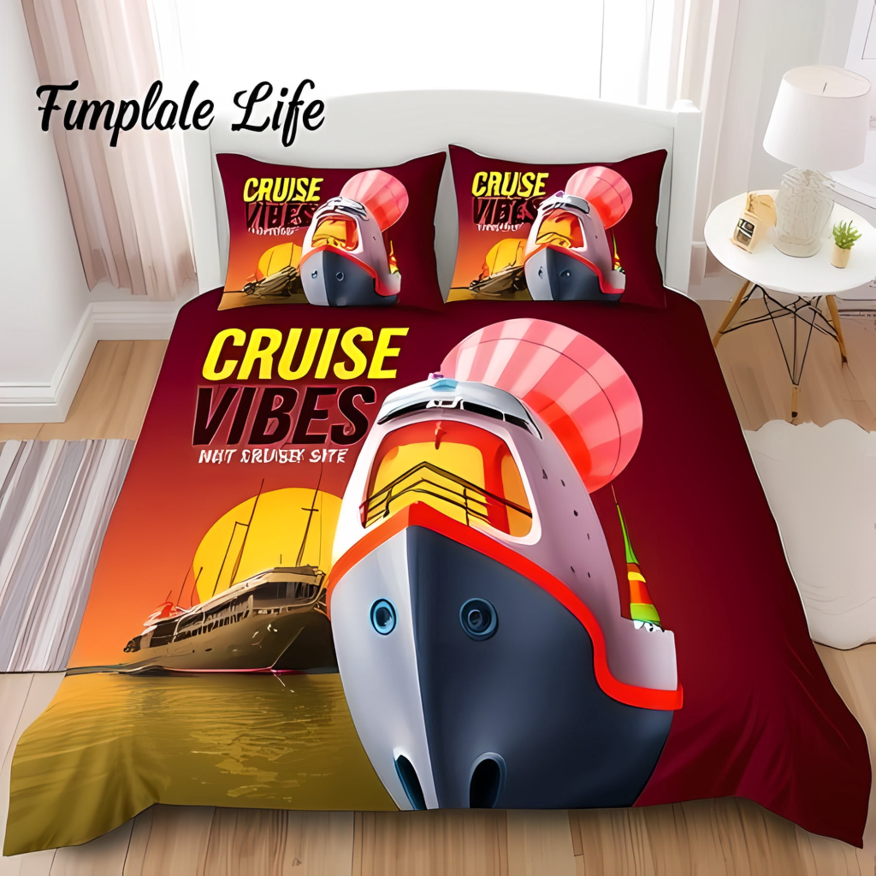 3-Piece Duvet Cover Set - Vibrant Crimson " Cruise Vibes " Design with ...