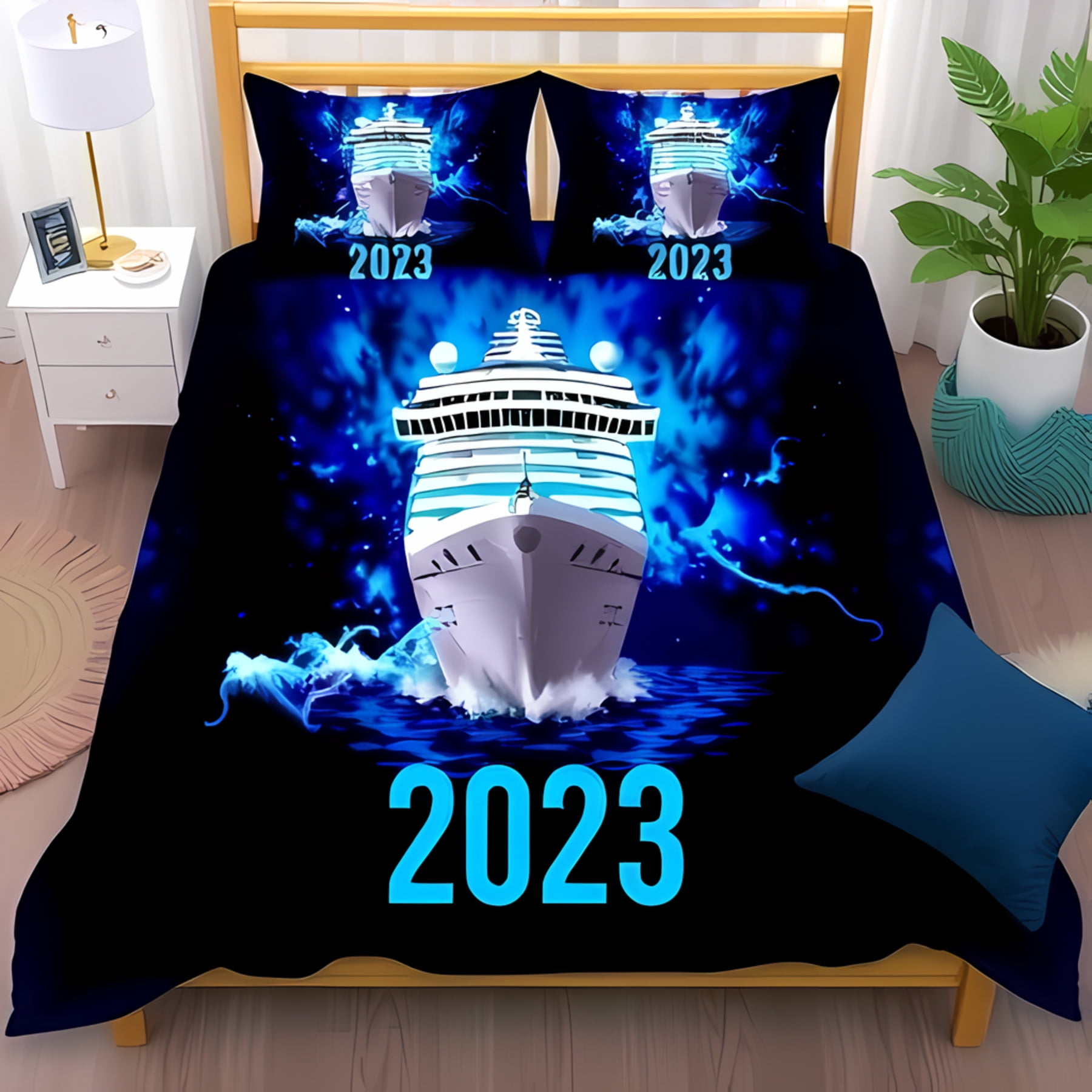 3-Piece Duvet Cover Set - Vibrant Cruise Ship Design Deep Blue Ocean ...