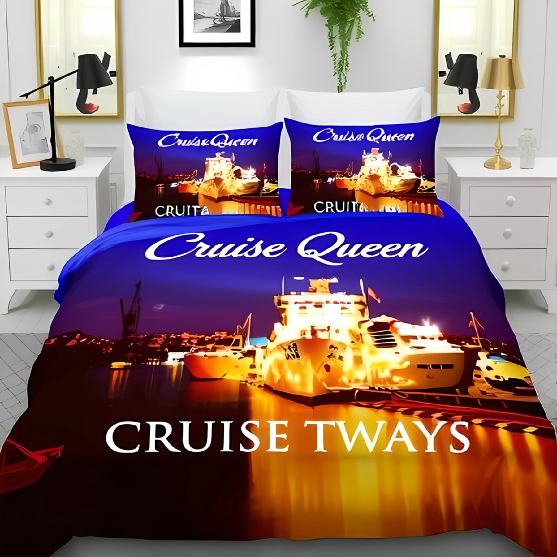 3-Piece Duvet Cover Set - Vibrant Cruise Ship Design with 'Cruise Queen ...