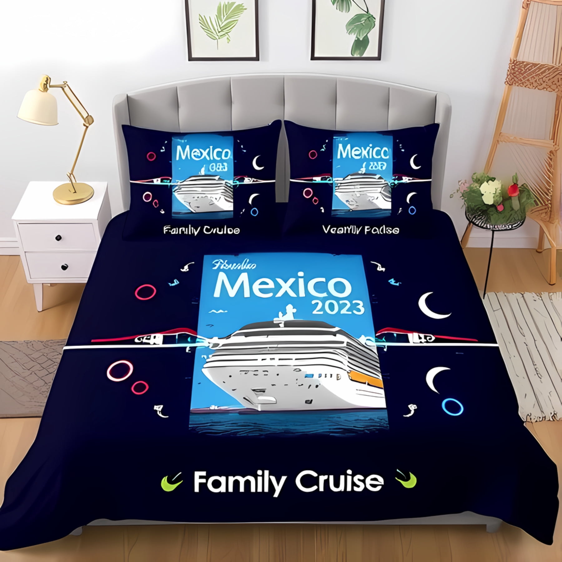 3-Piece Duvet Cover Set - Vibrant Cruise Ship Design with Playful Moons ...