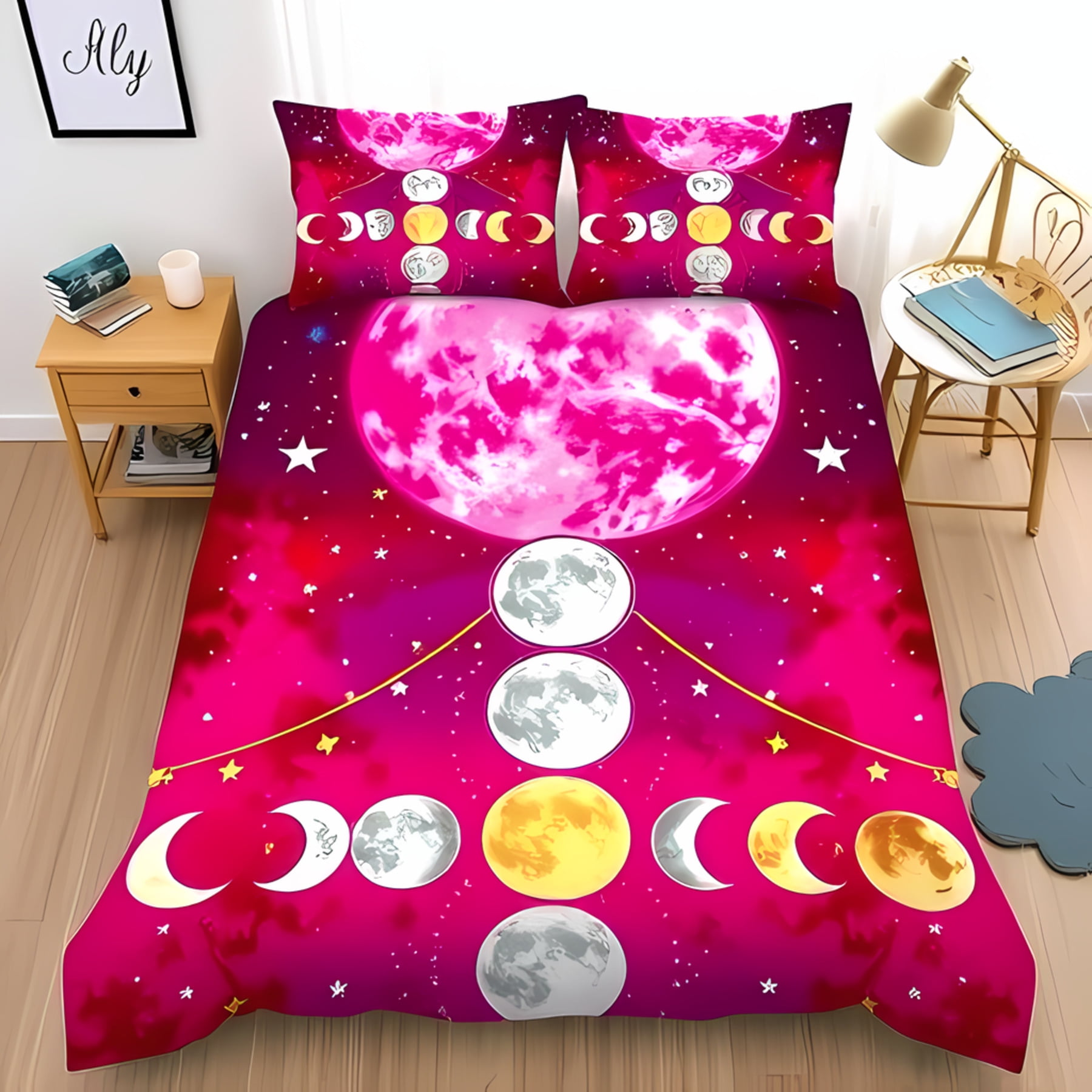 3-Piece Duvet Cover Set - Vibrant Deep Pink with Moon Phases Nebulas ...