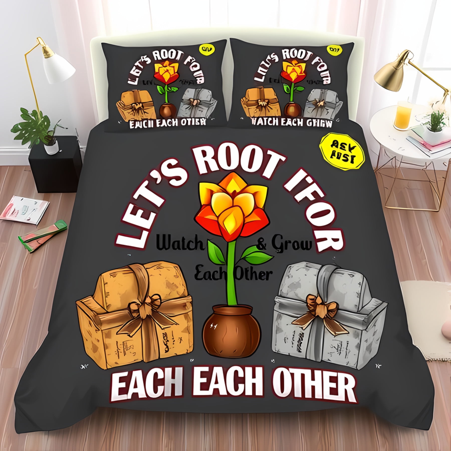 3-Piece Duvet Cover Set - Vibrant Floral Design with 'Let's Root For ...