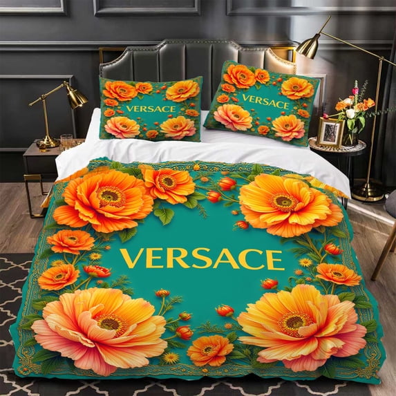 3-Piece Duvet Cover Set - Vibrant Floral Design with Orange & Pink ...