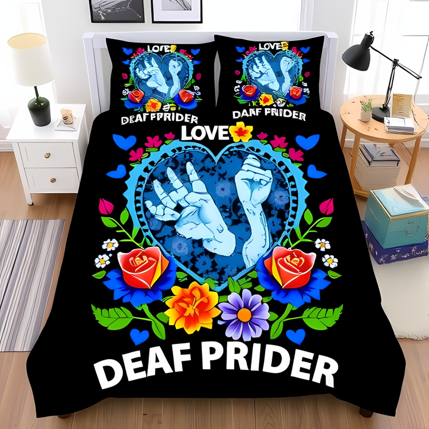 3-Piece Duvet Cover Set - Vibrant Floral Design with Sign Language ...