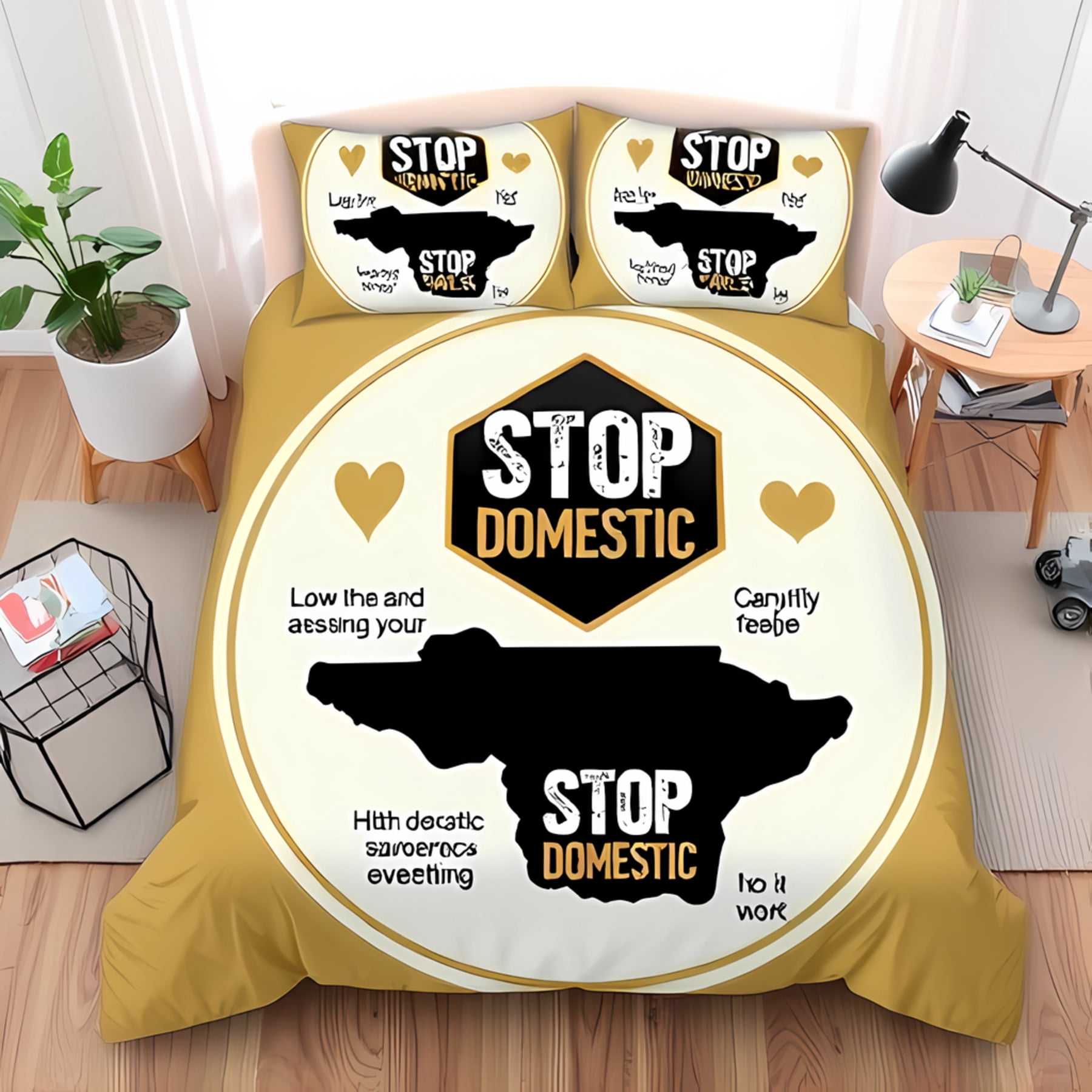 3-Piece Duvet Cover Set - Vibrant Gold & Black Design with " STOP ...