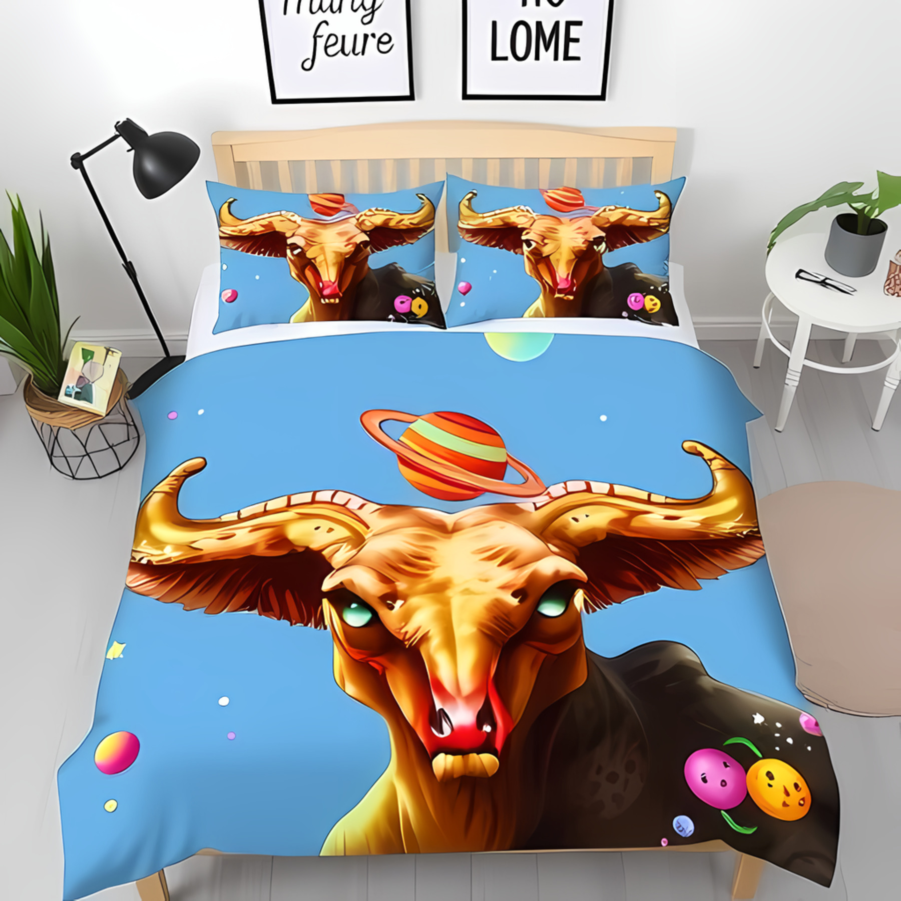 3-Piece Duvet Cover Set - Vibrant Golden - Brown with Curved Horns ...
