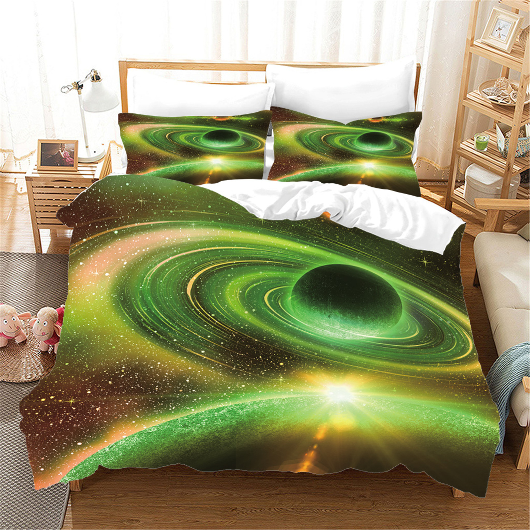 3-Piece Duvet Cover Set - Vibrant Green & Gold Design with Planet & Soft & Calming Bedding for ...