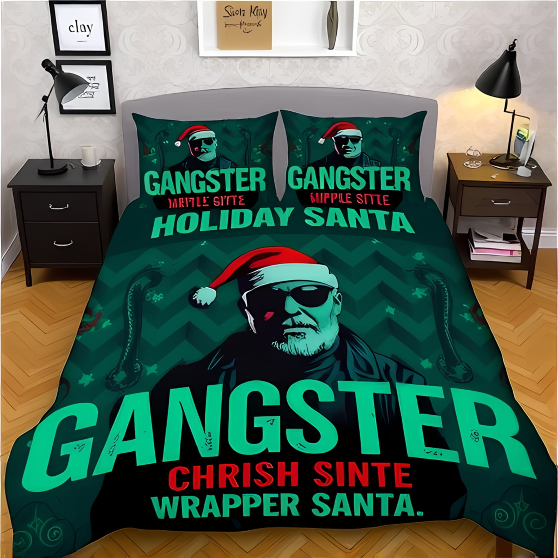 3-Piece Duvet Cover Set - Vibrant Green with Gangster Santa ...