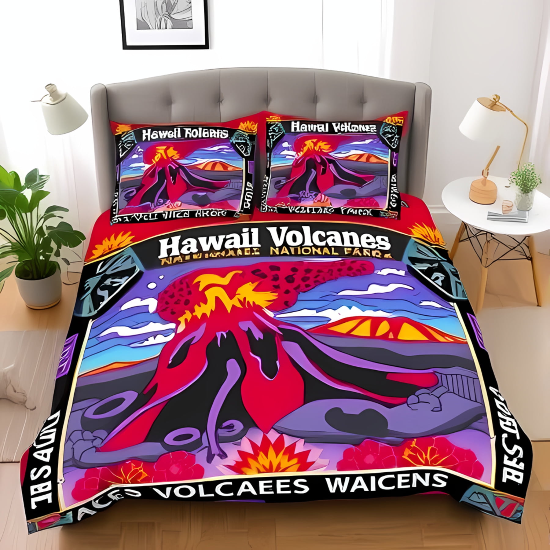 3-Piece Duvet Cover Set - Vibrant Hawaiian Volcano Design with Retro ...