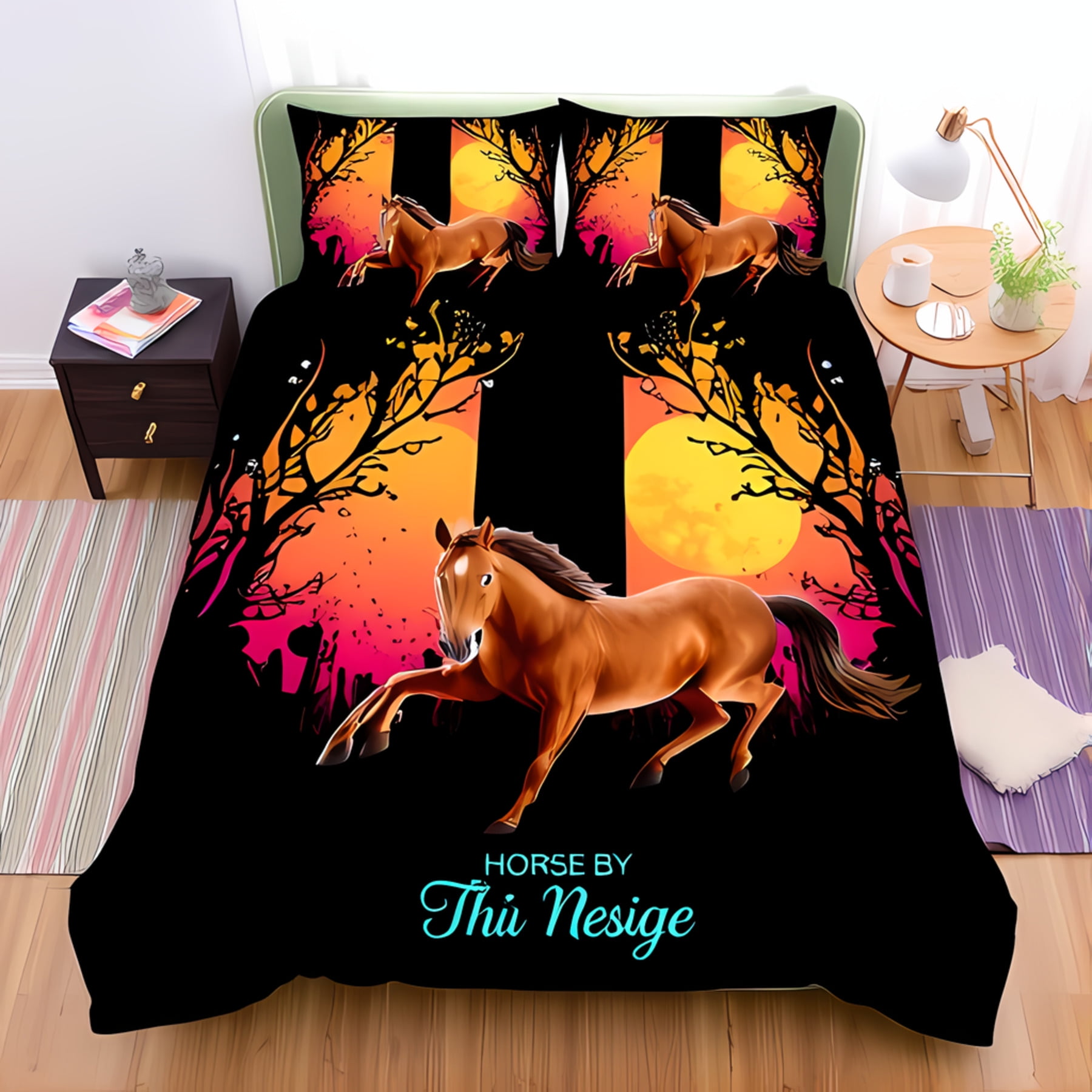 3-Piece Duvet Cover Set - Vibrant Horse in Motion Design with Sunset ...