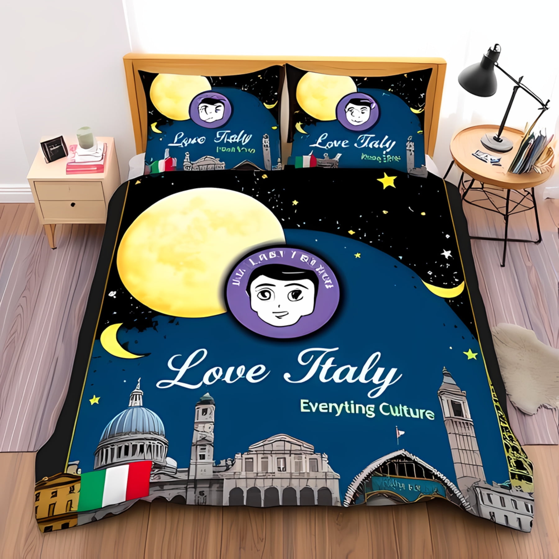 3-Piece Duvet Cover Set - Vibrant Italy Night Sky Design with Moons ...