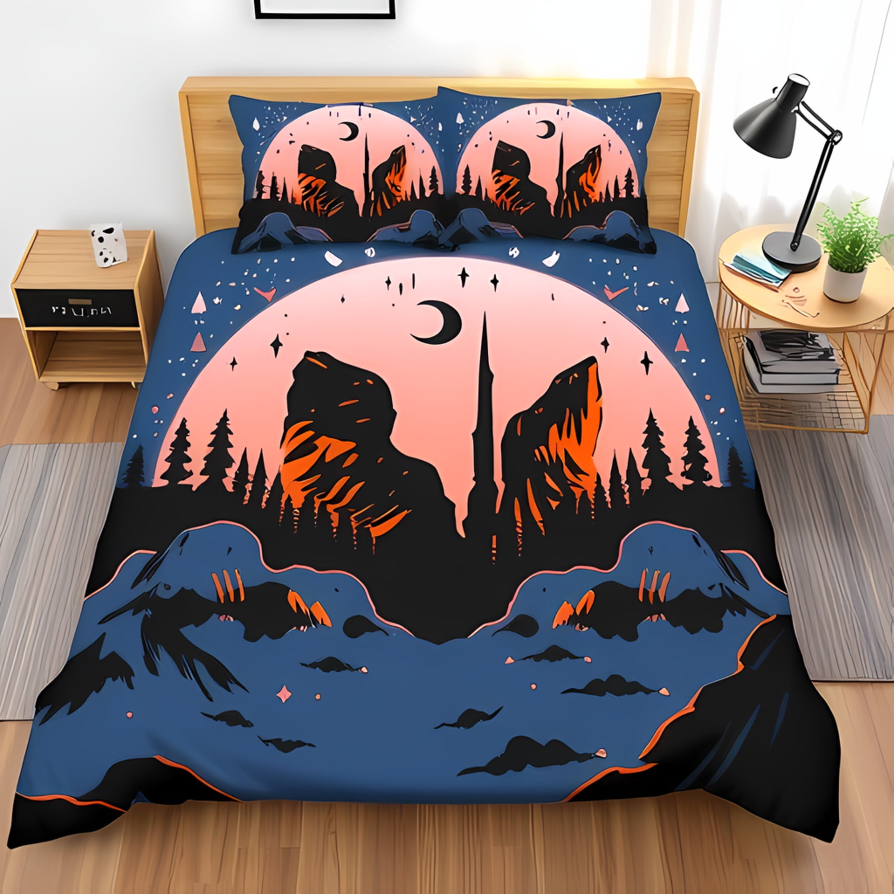 3-Piece Duvet Cover Set - Vibrant Landscape Design with Silhouetted Mountains & Trees Peach Moon ...