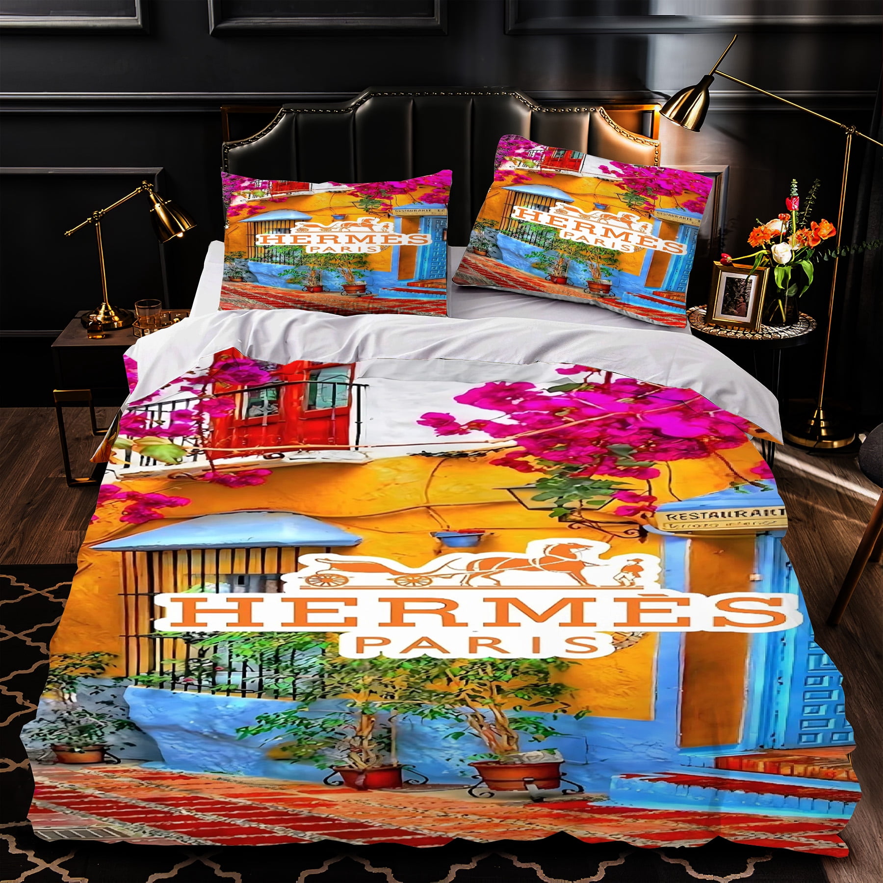 3-Piece Duvet Cover Set - Vibrant Mediterranean Scene in Blue Yellow ...