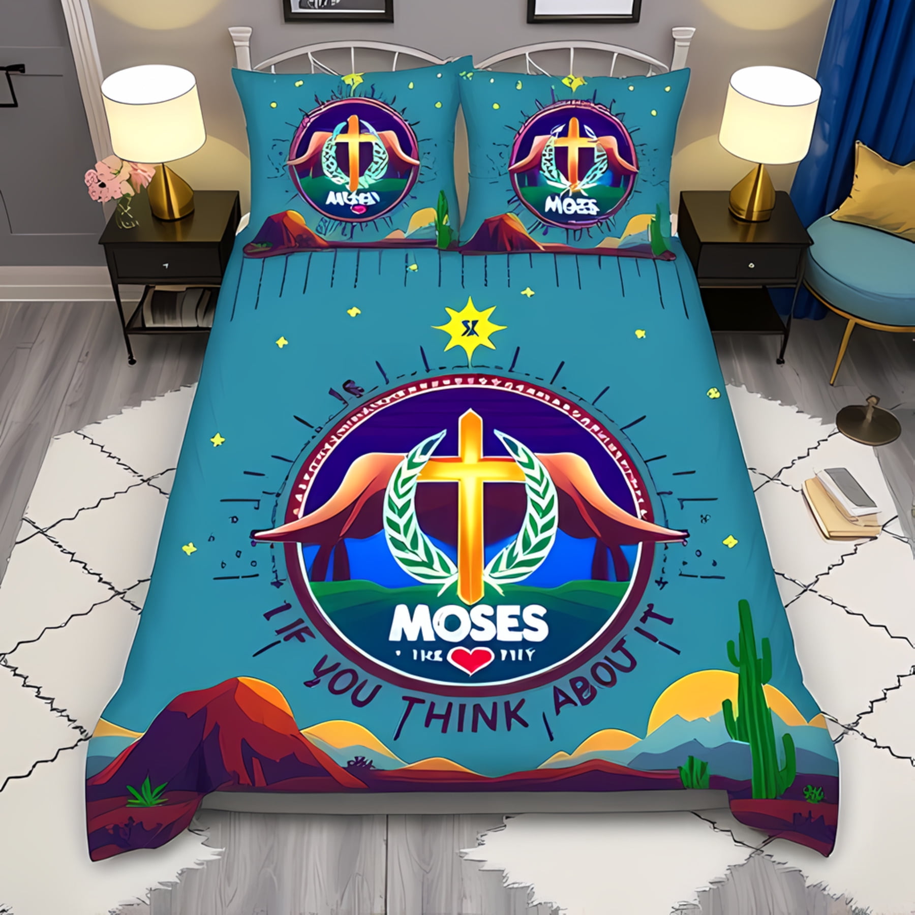 3-Piece Duvet Cover Set - Vibrant Moses Design with Cross Blue Desert ...