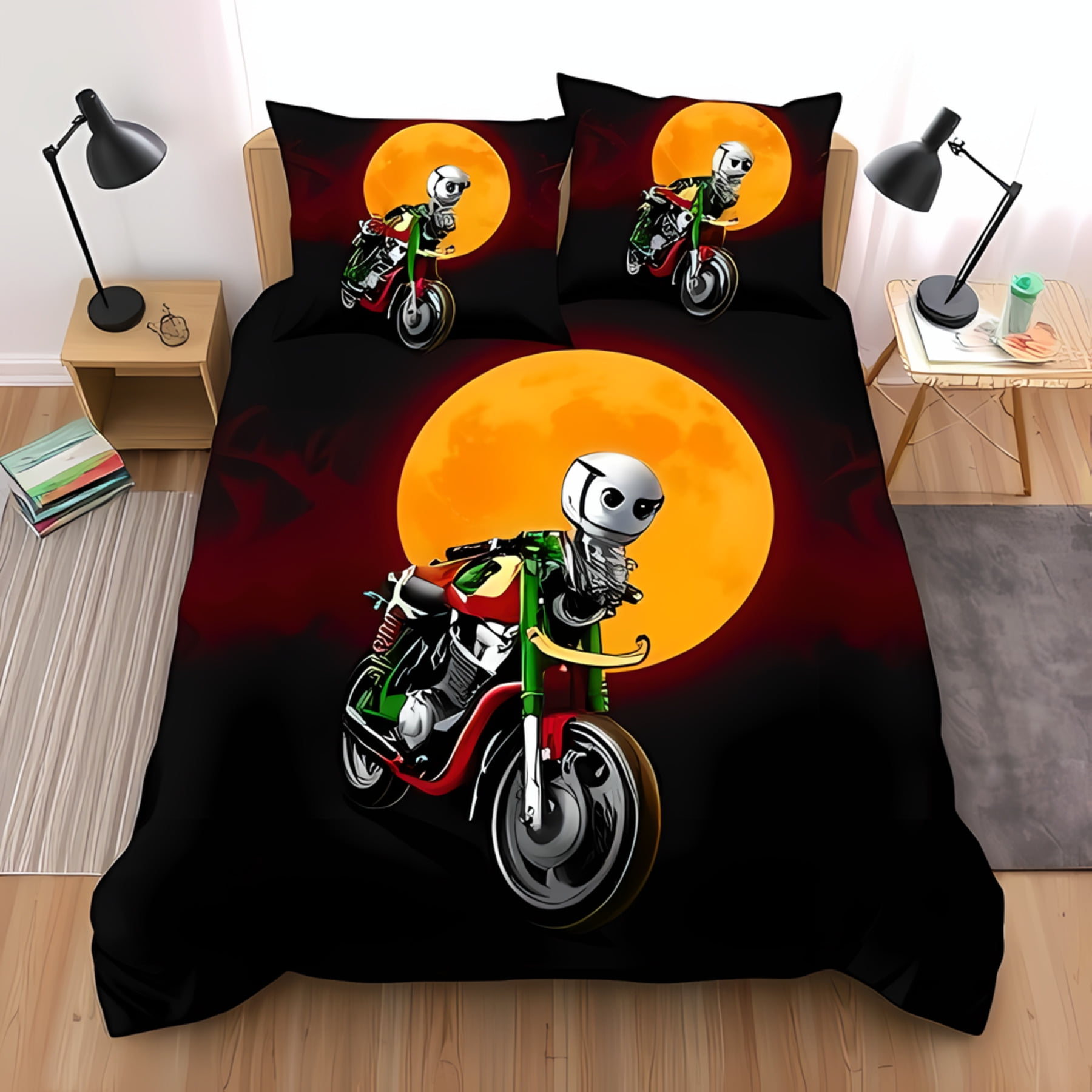 3-Piece Duvet Cover Set - Vibrant Motorcycle & Robot Design Against a ...